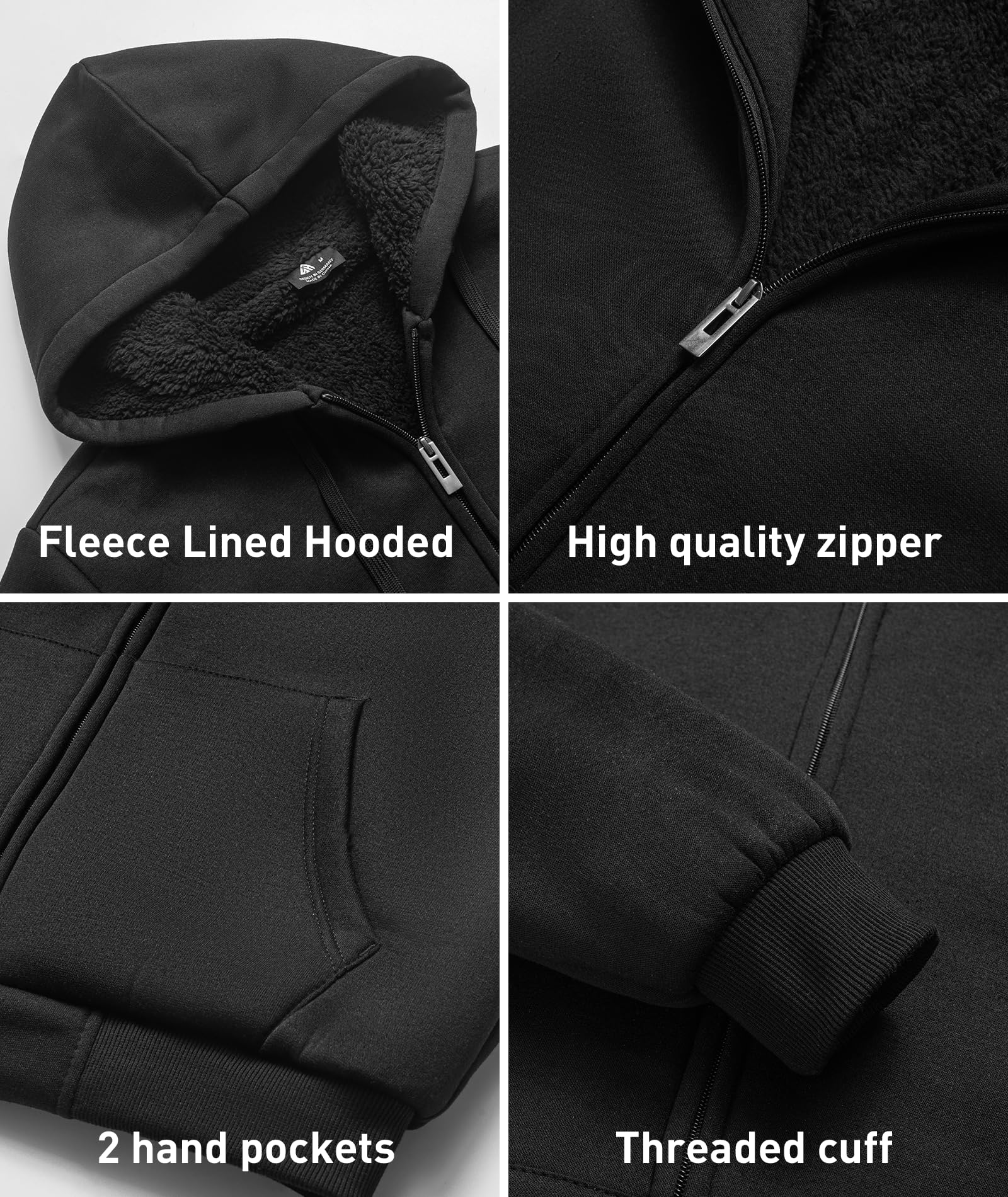 SCODI Hoodies for Men Heavyweight Fleece Sweatshirt - Full Zip Up Thick Sherpa Lined Hooded Sweatshirts Black Medium