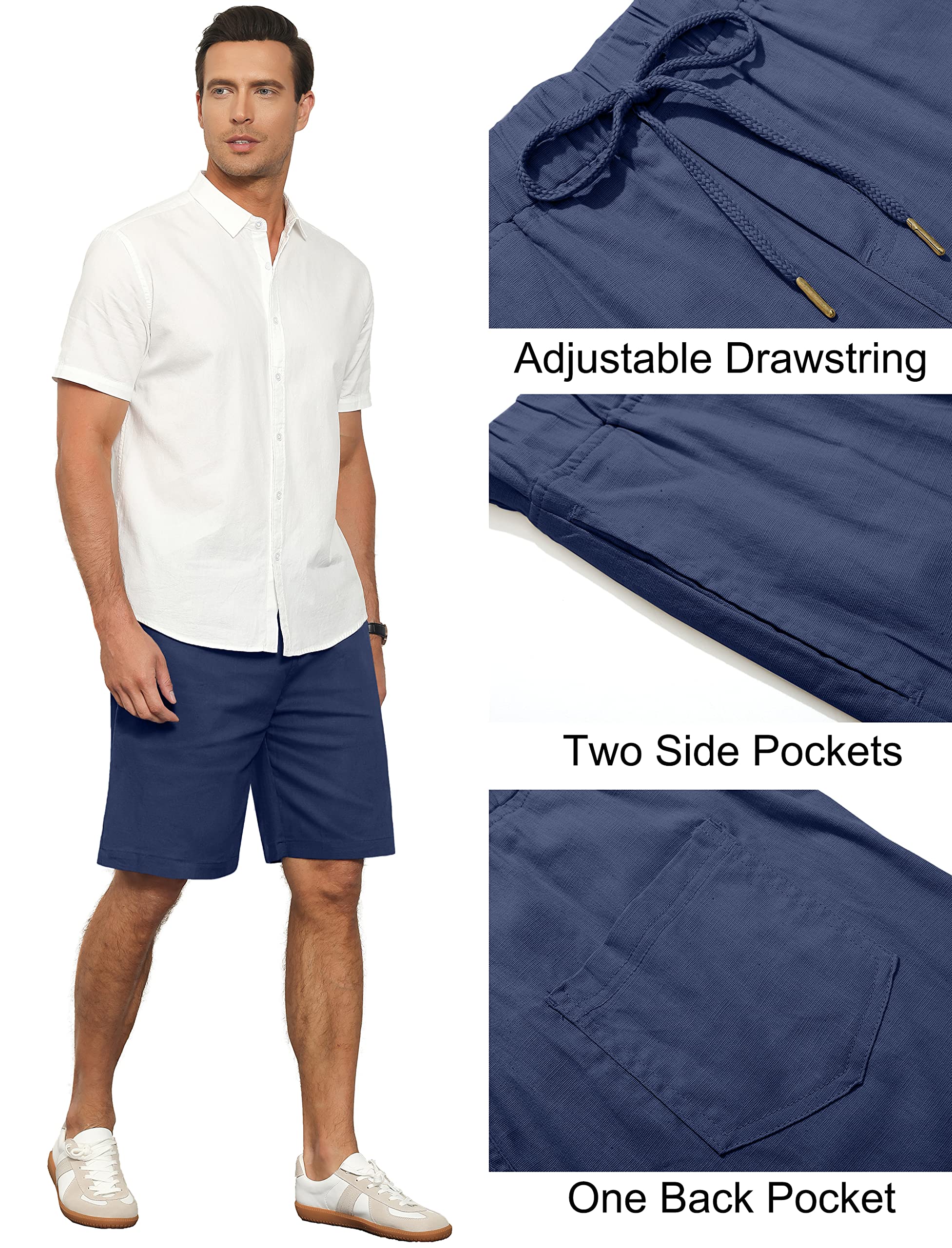 Janmid Men's Linen Casual Classic Fit Short Drawstring Summer Beach Shorts with Elastic Waist and Pockets Navy Blue L