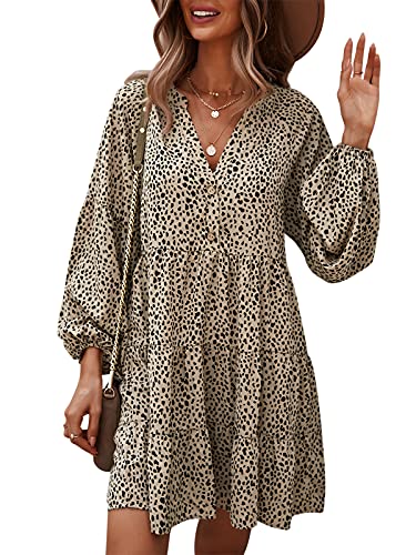 TEMOFON Womens Long Sleeve Fall Dress: Leopard Printed Tunic Casual Loose V Neck Fall Flowy Mini Dresses Khaki L