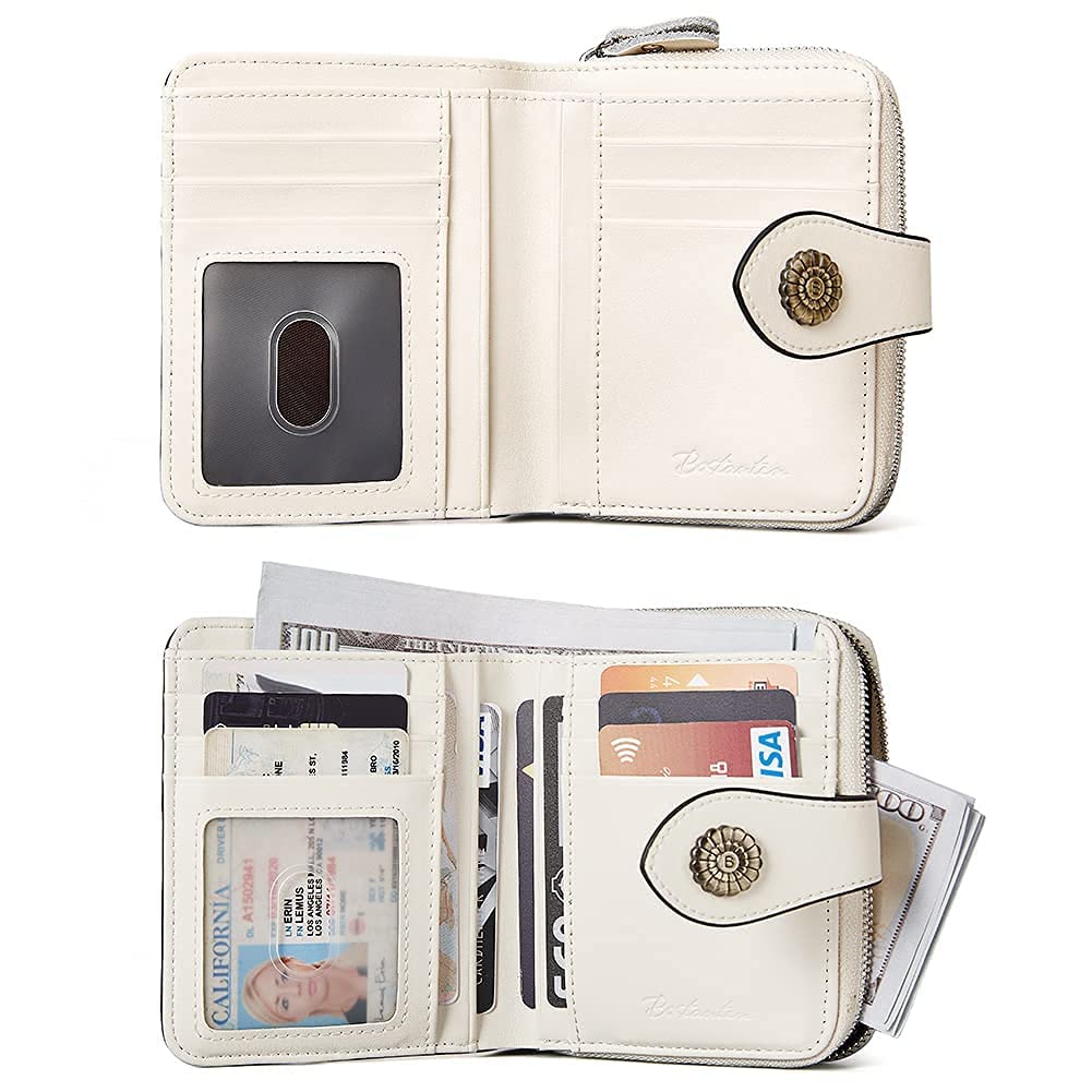 BOSTANTEN Leather Laptop Backpack Purse Casual College Casual Bags Daypack Beige-White and Leather Wallets for Women RFID Blocking Zipper Pocket Small Bifold Wallet Card Case White