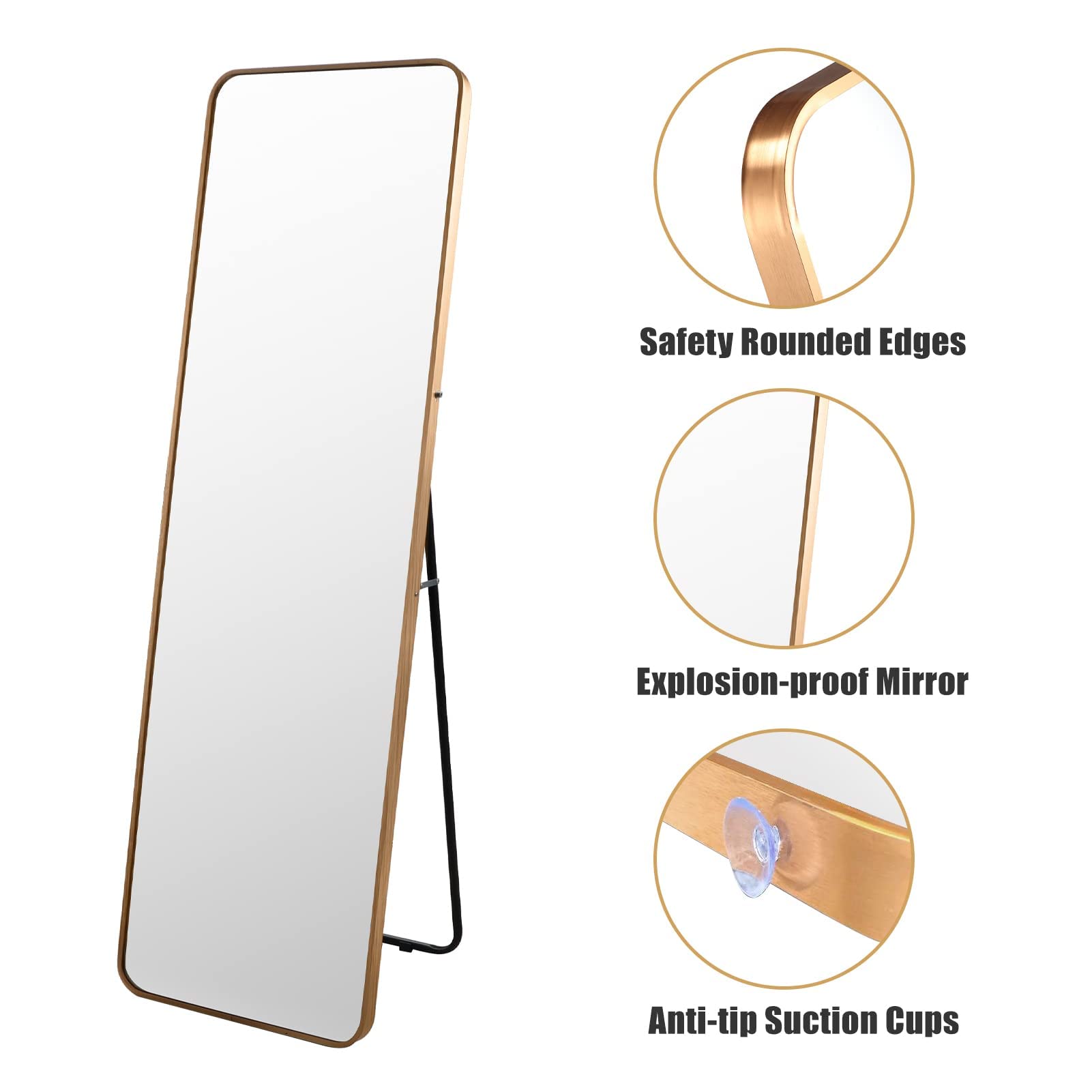 PHAREGE Brass Gold Full Length Mirror with Stand, 60x18 inch Full Body Size Standing Mirror for Bedroom Floor, Anti-Slip Bottom