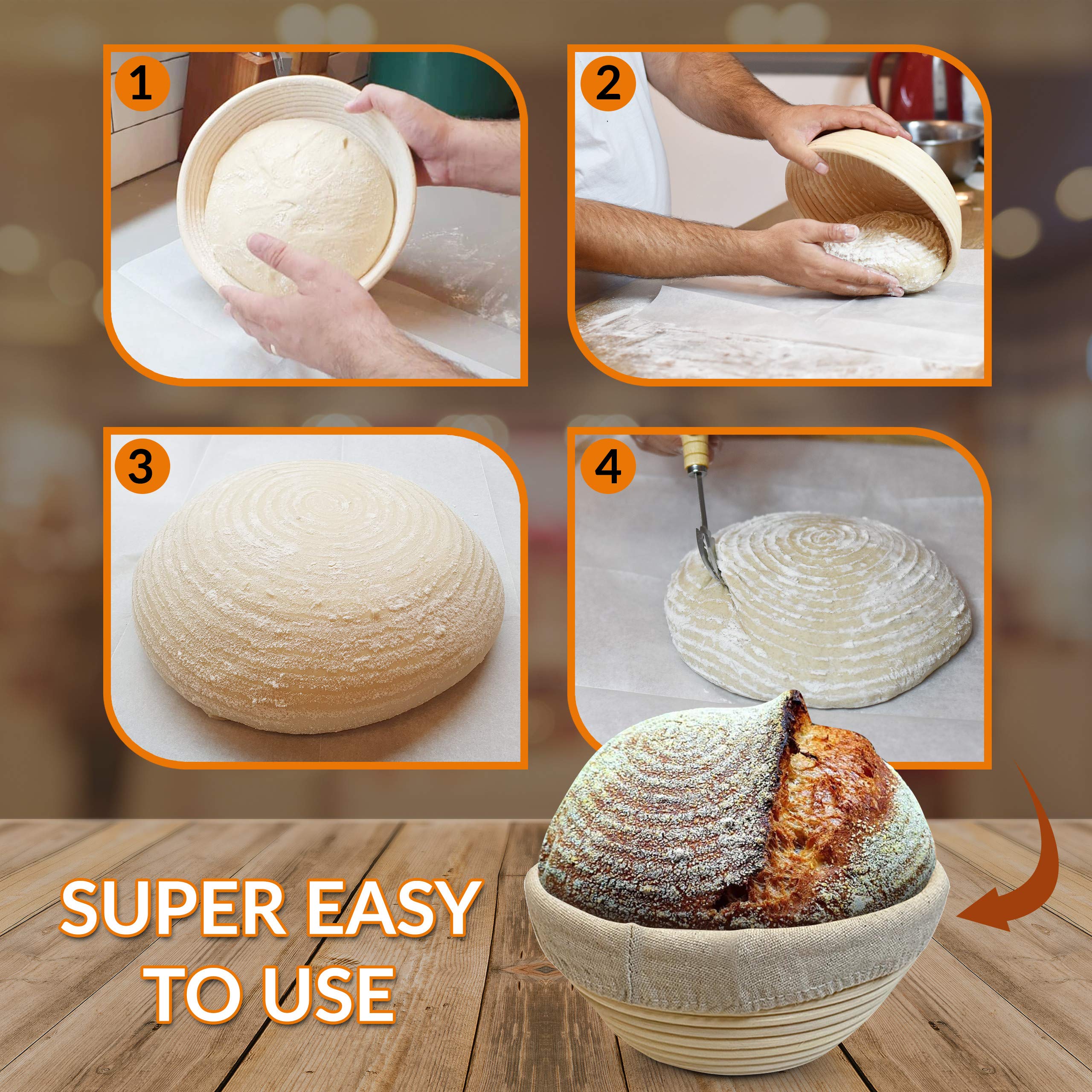 Bread Banneton Proofing Basket [Set of 2] Round 9” Inch Bread Proofing Baskets for Sourdough, Prooving Bowl Gift for Bakers, Includes Linen Liner, Plastic Scraper (pack of 3)