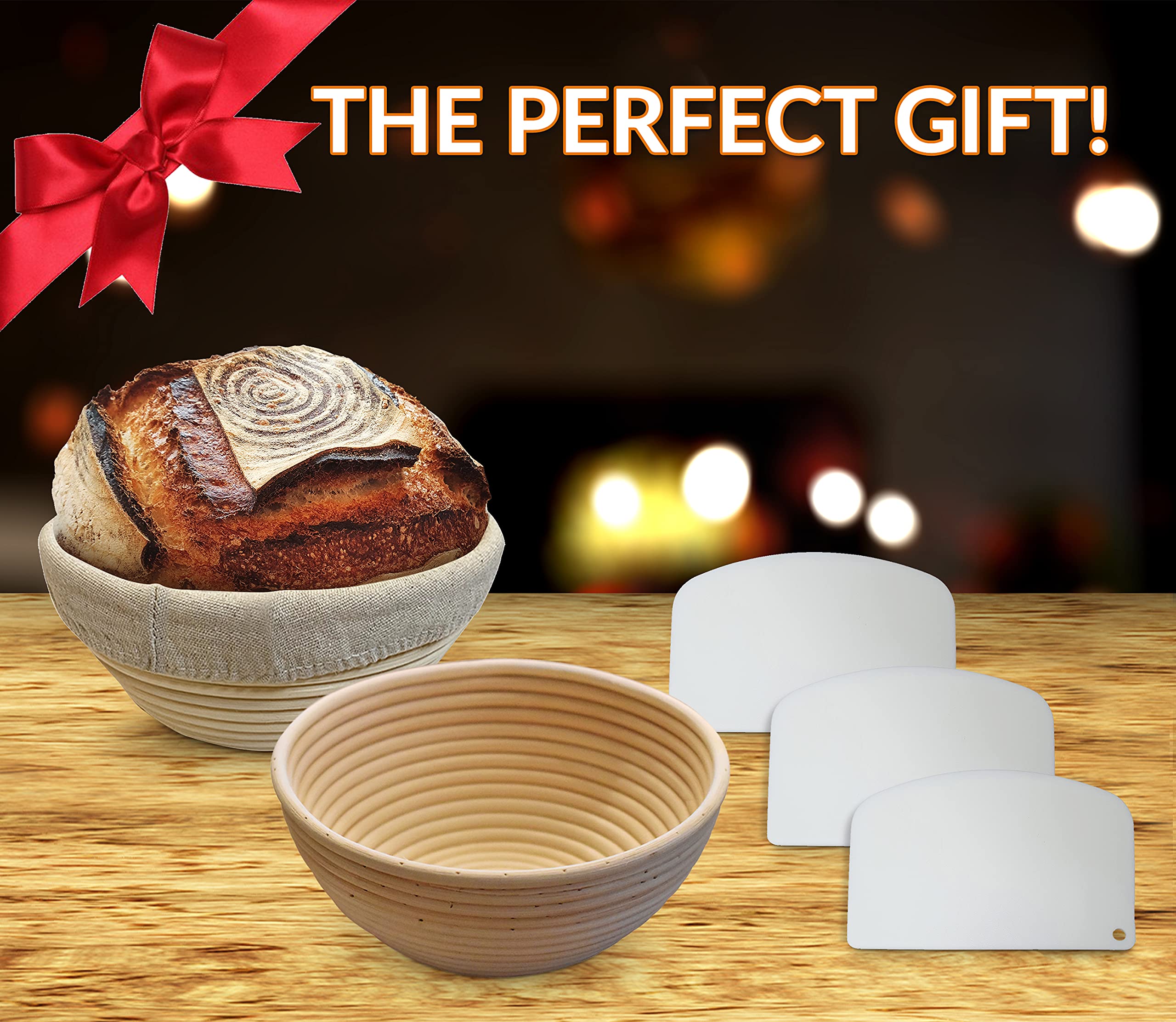 Bread Banneton Proofing Basket [Set of 2] Round 9” Inch Bread Proofing Baskets for Sourdough, Prooving Bowl Gift for Bakers, Includes Linen Liner, Plastic Scraper (pack of 3)