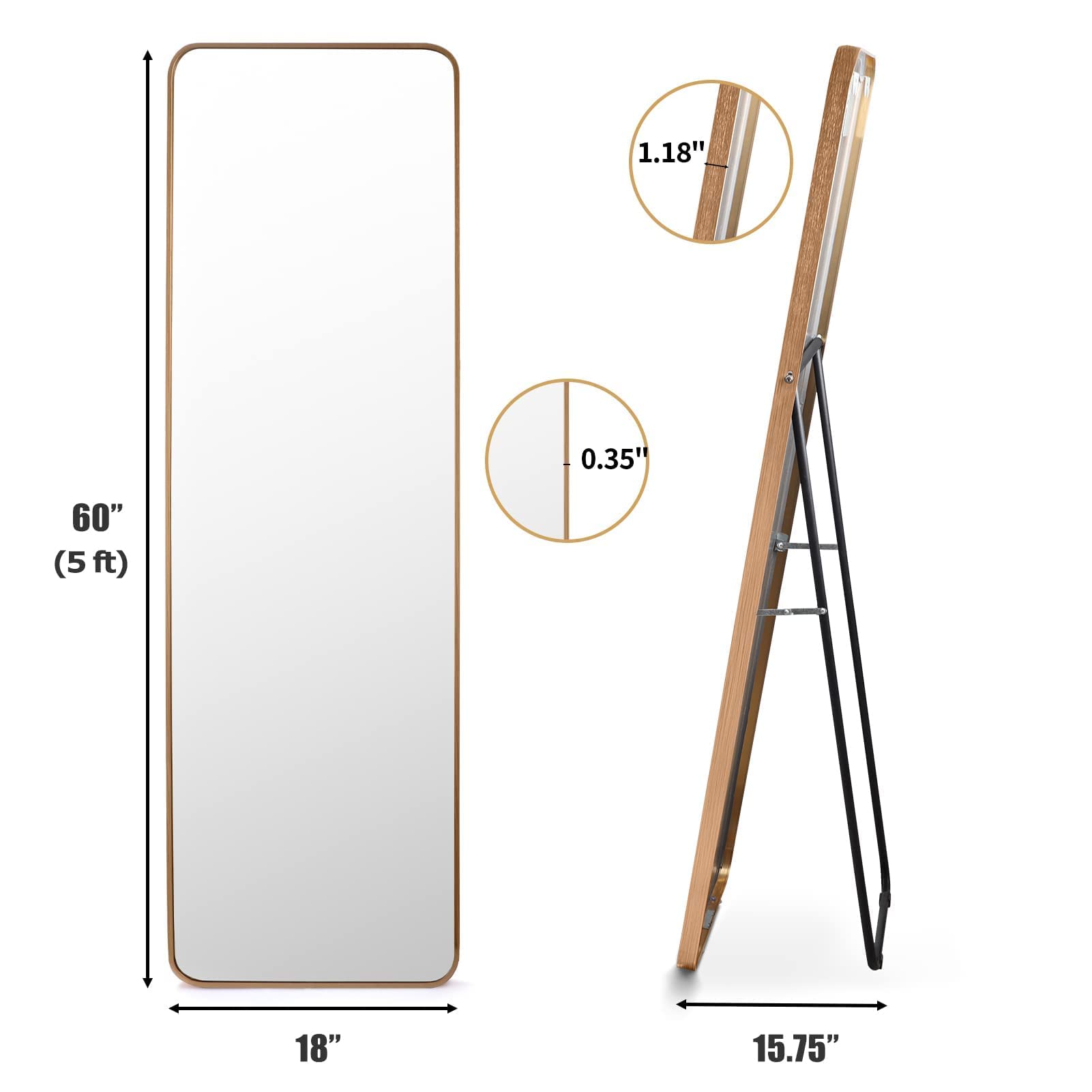 PHAREGE Brass Gold Full Length Mirror with Stand, 60x18 inch Full Body Size Standing Mirror for Bedroom Floor, Anti-Slip Bottom