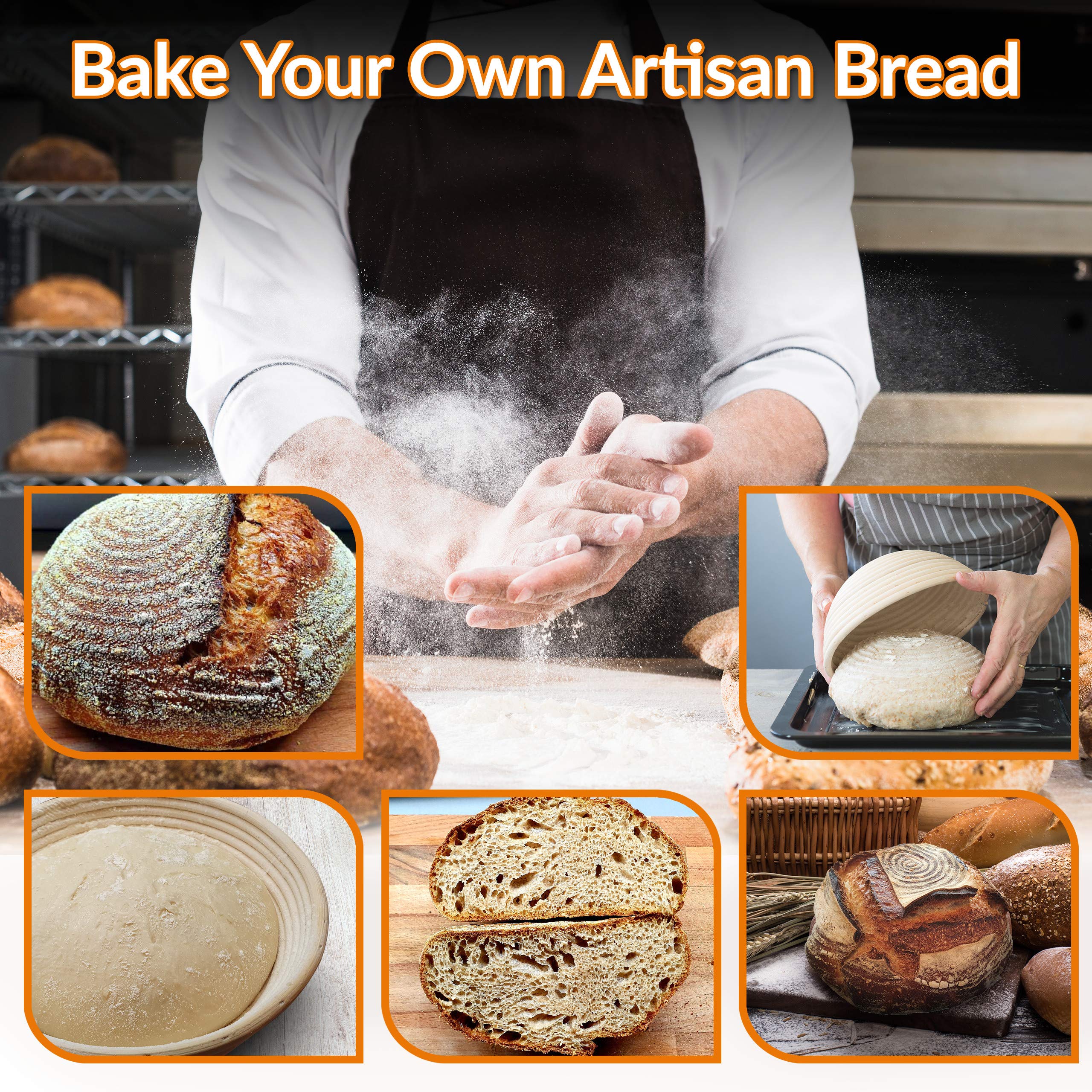 Bread Banneton Proofing Basket [Set of 2] Round 9” Inch Bread Proofing Baskets for Sourdough, Prooving Bowl Gift for Bakers, Includes Linen Liner, Plastic Scraper (pack of 3)