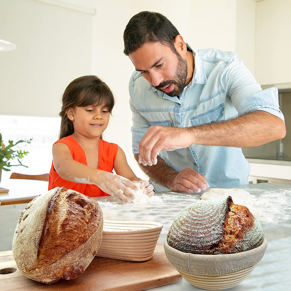 Bread Banneton Proofing Basket [Set of 2] Round 9” Inch Bread Proofing Baskets for Sourdough, Prooving Bowl Gift for Bakers, Includes Linen Liner, Plastic Scraper (pack of 3)