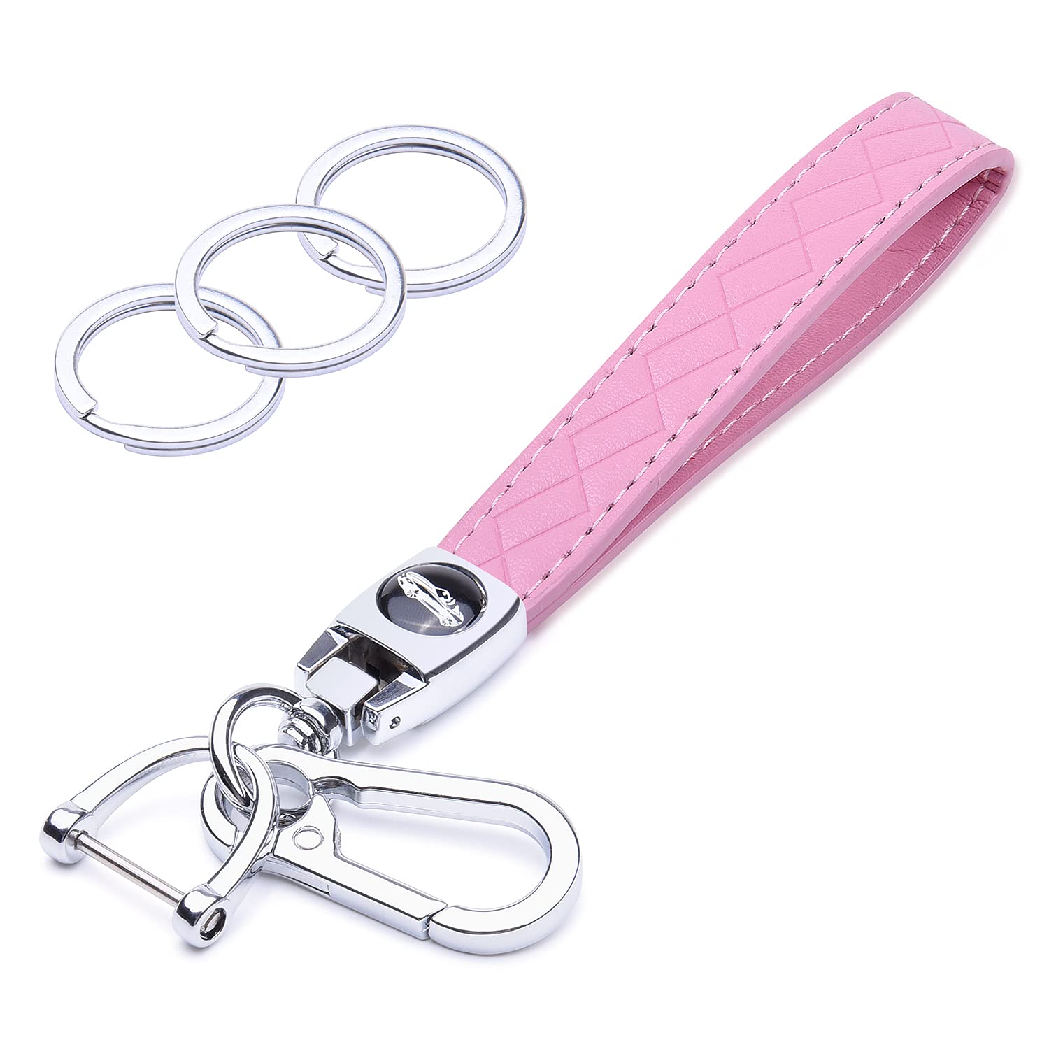 Wisdompro Microfiber Leather Car Keychain, Universal Key Fob Keychain Leather Key Chain Holder with 3 Keyrings and 1 Screwdriver for Men and Women - Pink