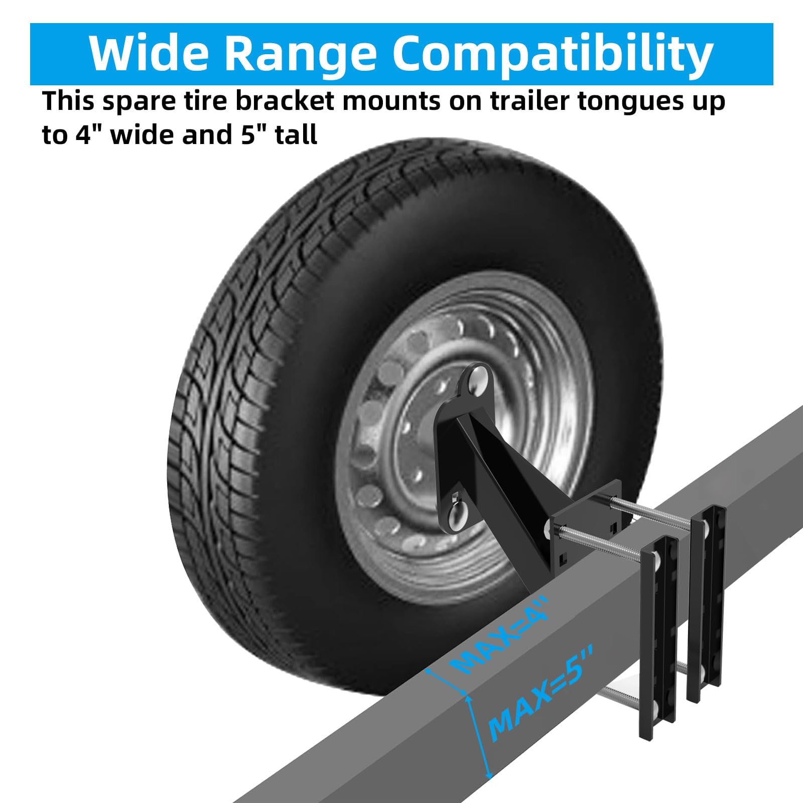 Qualward Spare Tire Mount Bracket for Trailer, Spare Tire Carrier Powder Coat Steel Black, Fits Most 4 & 5 & 6 Lugs Wheels on 4", 4.5'', 4.75'', 5" or 5.5" Bolt Patterns. (4- 4.75 Inch)