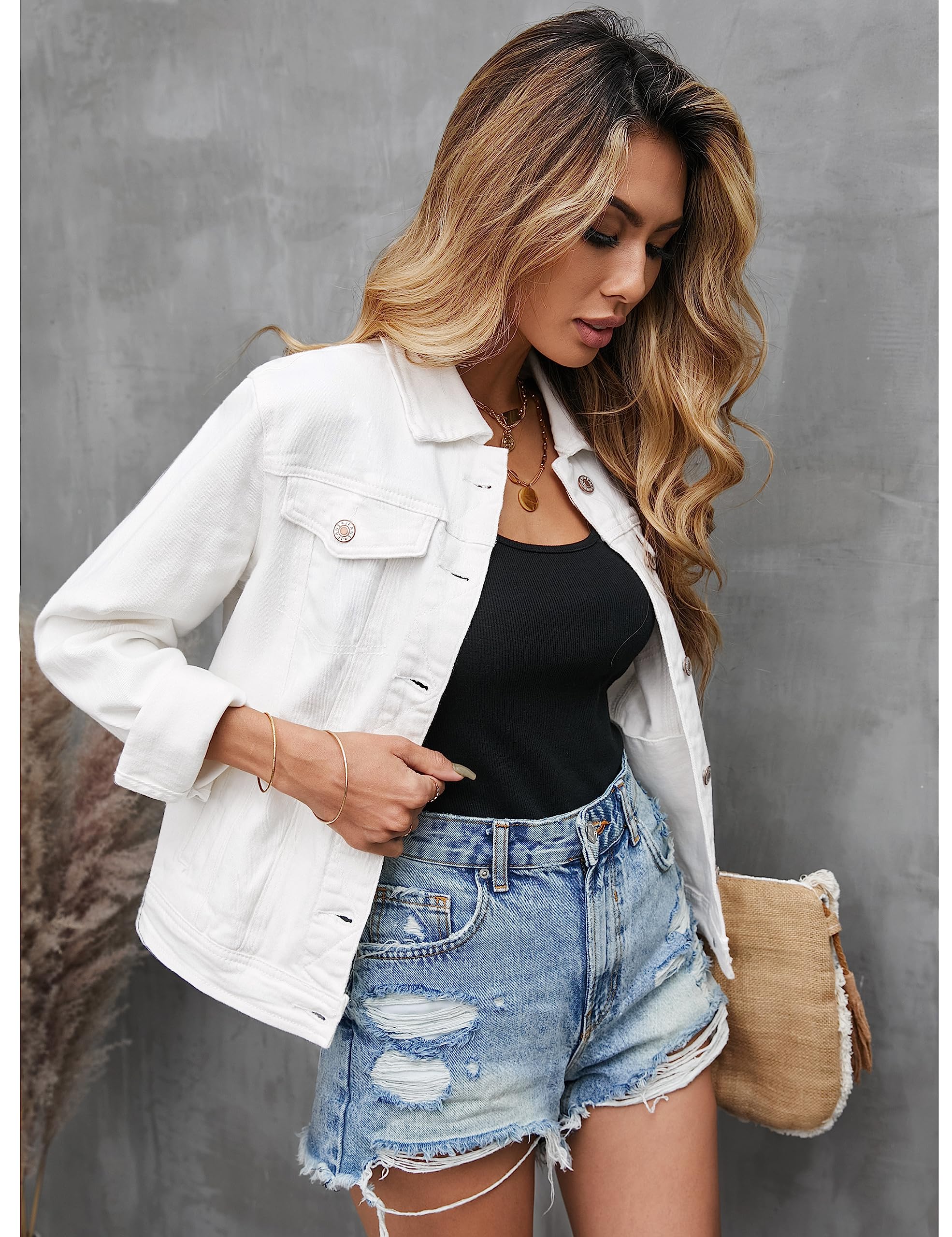 luvamia Women's Casual Denim Jacket Stretch Long Sleeve Button Down Basic Jean Trucker Jacket Womens Jackets for Fall White Size X-Large Fits Size 16 / Size 18