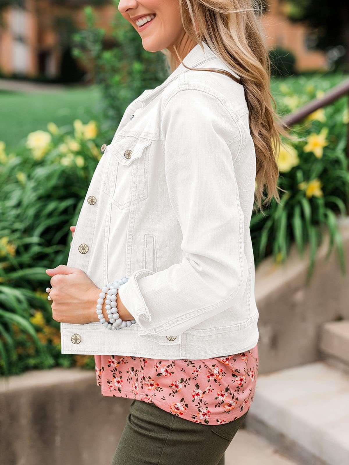 luvamia Women's Casual Denim Jacket Stretch Long Sleeve Button Down Basic Jean Trucker Jacket Womens Jackets for Fall White Size X-Large Fits Size 16 / Size 18