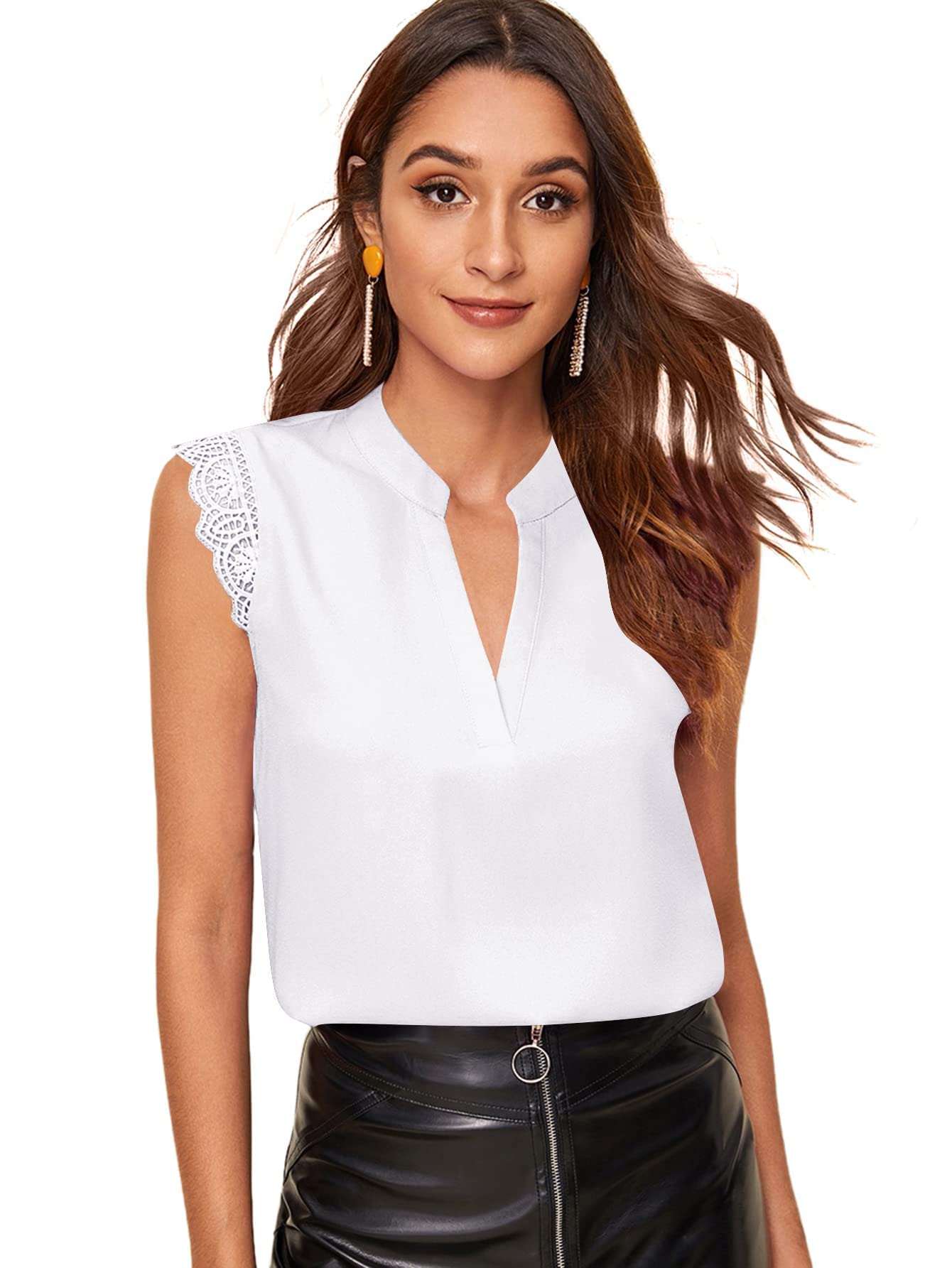 Milumia Women's Elegant Notch V Neck Sleeveless Blouse Guipure Lace Work Office Top (White, XX-Large, Sleeveless)