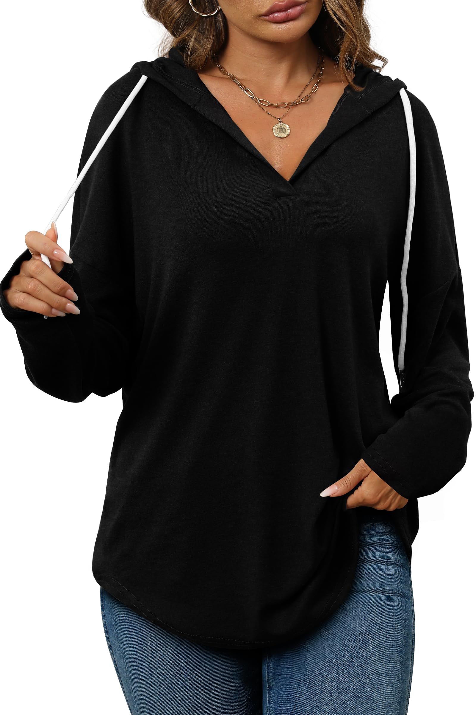 Hooded Sweatshirt Women Casual Oversized Long Sleeve Shirts V Neck Sweaters Loose Fit Lightweight Fall Outfits Black M