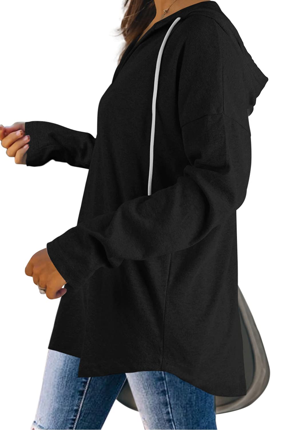 Hooded Sweatshirt Women Casual Oversized Long Sleeve Shirts V Neck Sweaters Loose Fit Lightweight Fall Outfits Black M