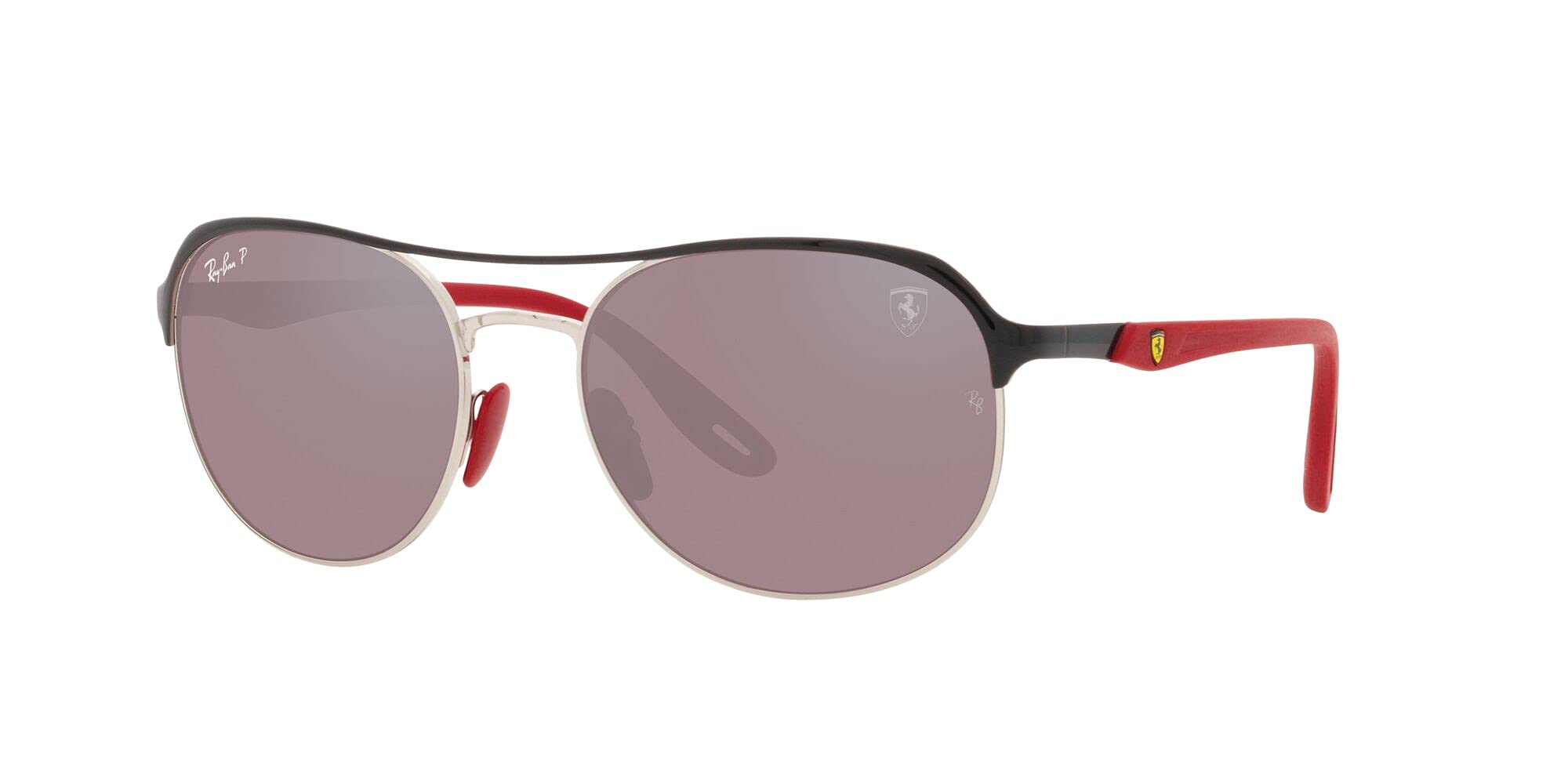 Ray-Ban RB3685M Scuderia Ferrari Collection Square Sunglasses, Black On Silver/Chromance Polarized Purple Mirrored Silver, 58 mm