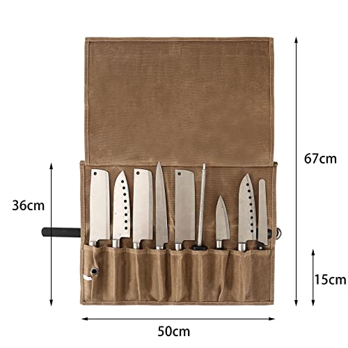 Chef Knife Roll Bag, 9 Pockets Canvas Knife Case, Knife Bag, Knife Wrap Wallet, Cutlery Knife Pouch Holders Protectors for Chef Knives Kitchen Utensils, Tool Roll (Brown)