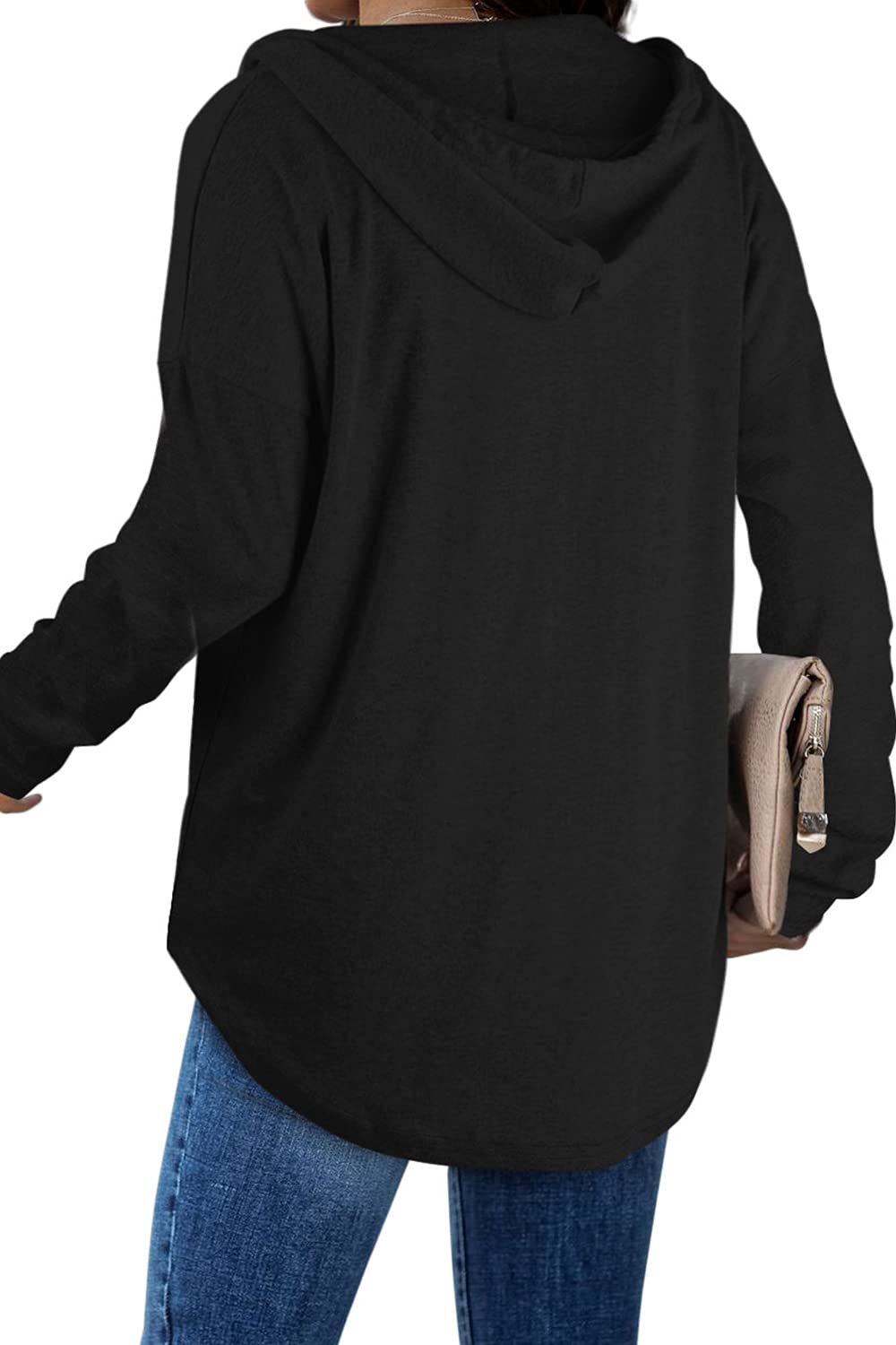 Hooded Sweatshirt Women Casual Oversized Long Sleeve Shirts V Neck Sweaters Loose Fit Lightweight Fall Outfits Black M