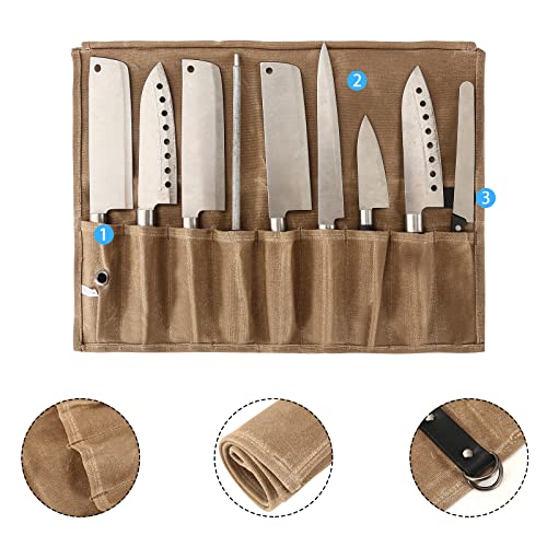 Chef Knife Roll Bag, 9 Pockets Canvas Knife Case, Knife Bag, Knife Wrap Wallet, Cutlery Knife Pouch Holders Protectors for Chef Knives Kitchen Utensils, Tool Roll (Brown)