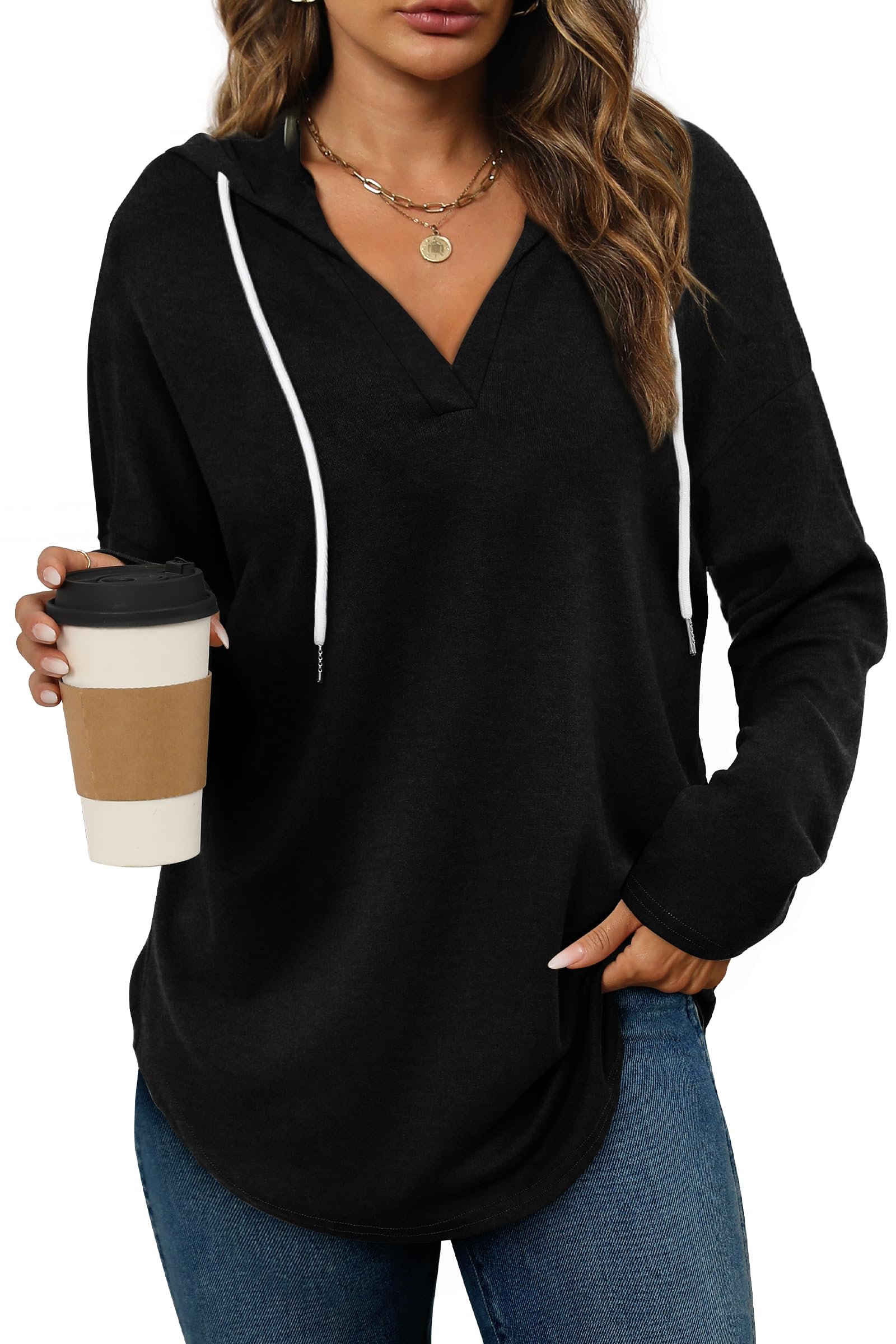 Hooded Sweatshirt Women Casual Oversized Long Sleeve Shirts V Neck Sweaters Loose Fit Lightweight Fall Outfits Black M