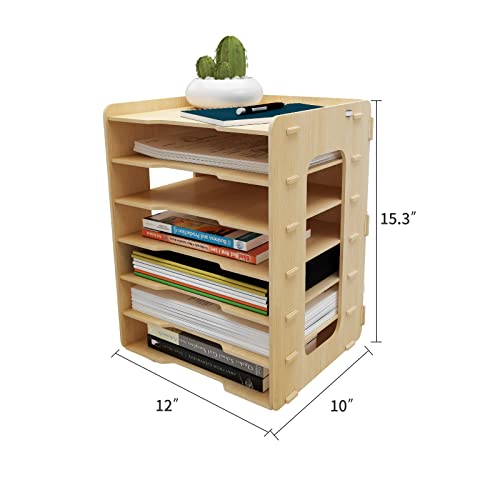 PUNCIA 7Tier Widthways Wood Office Paper Organizer for Desk Desktop File Holder Desk Letter Tray &A4 Paper Sorter Document Book Magazine Storage Shelf Rack Desk Organizer for Classroom Home Office
