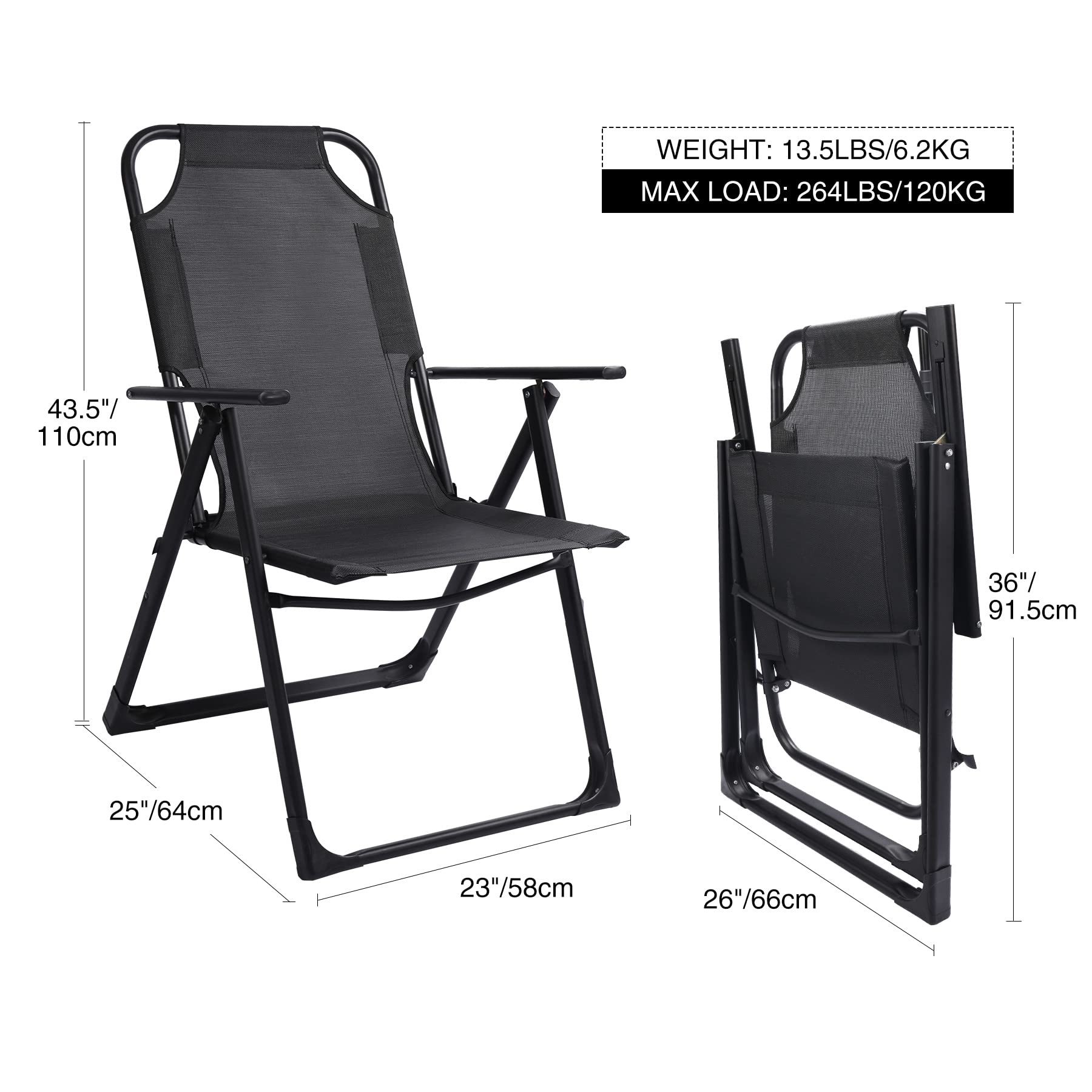 REDCAMP Set of 2 Folding Patio Lounge Chairs, High Back Reclining Lawn Chairs with 9 Levels Adjustable Backrest for Outdoor Camping Backyard Pool Porch, Black
