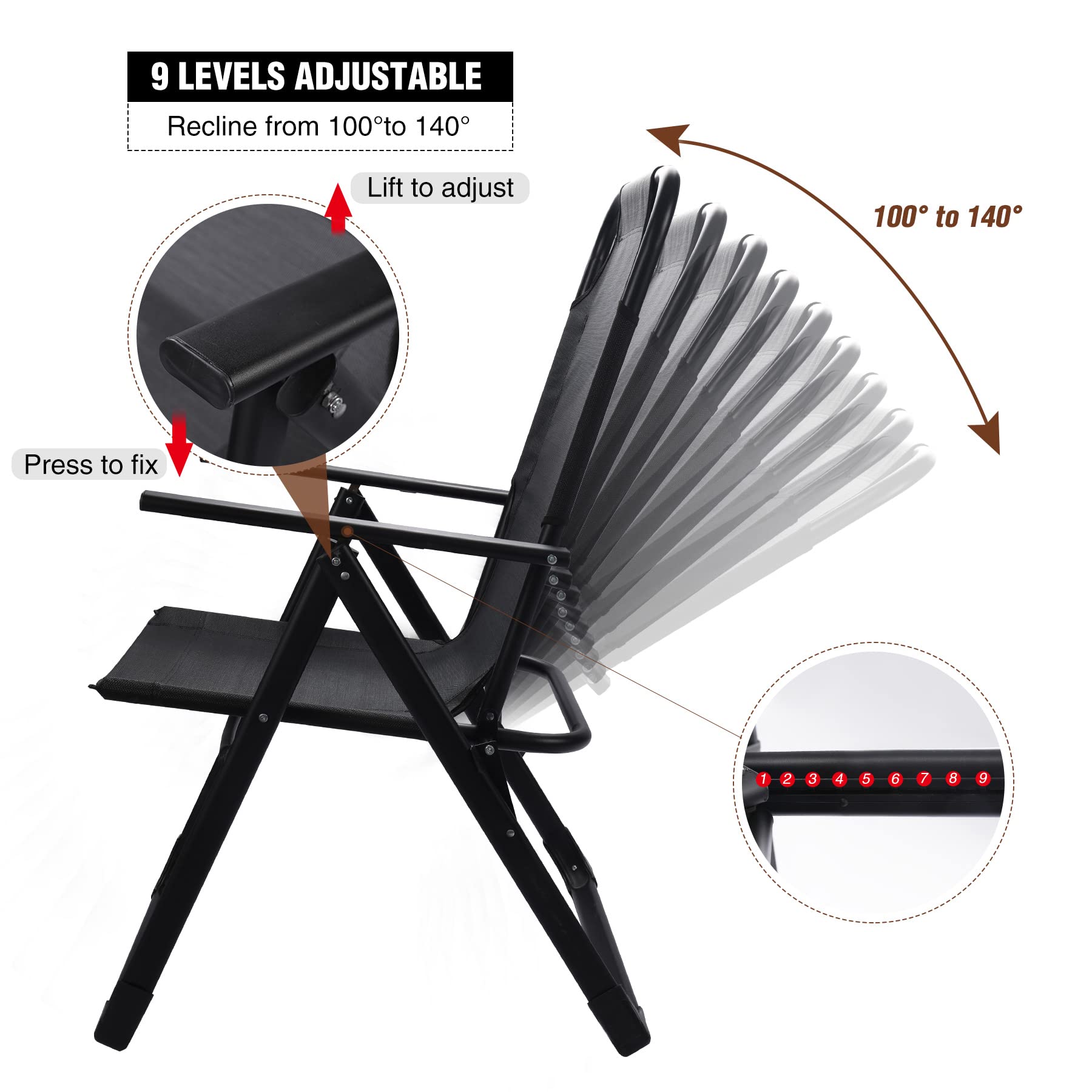 REDCAMP Set of 2 Folding Patio Lounge Chairs, High Back Reclining Lawn Chairs with 9 Levels Adjustable Backrest for Outdoor Camping Backyard Pool Porch, Black