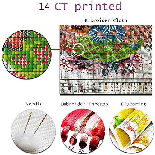 Joy Sunday Cross Stitch Kits Stamped Full Range of Embroidery Starter Kits for Beginners DIY 11CT 3 Strands-Plum Blossom Birdie(Printed) 17.71×17.71 inch