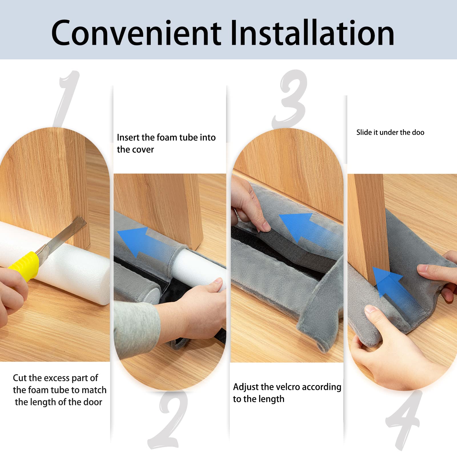 Marwood Under Door Draft Stopper 30-38" Adjustable Wind Stopper for Door & Window, Foam Door Sweep Air & Noise Blocker for Bottom of Doors Double Side Seal - Grey