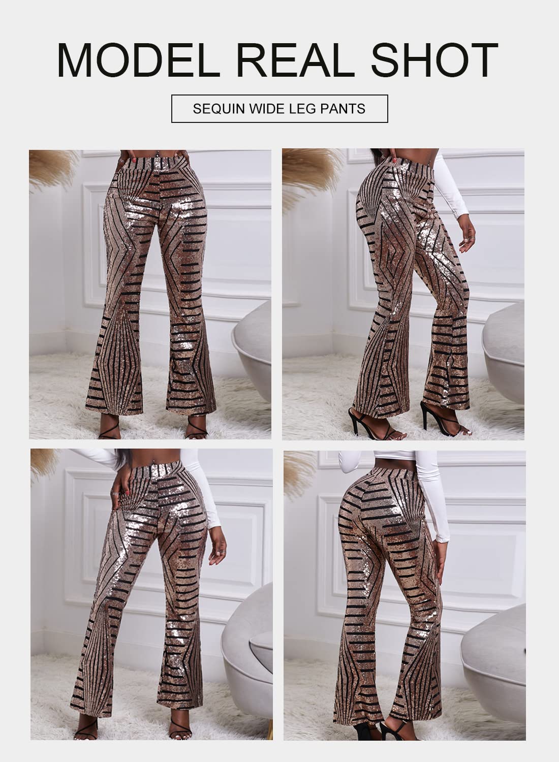 BLENCOT Bell Bottoms for Women High Waisted Wide Leg Palazzo Pants Bling Sequin Flared Trousers Brown XL