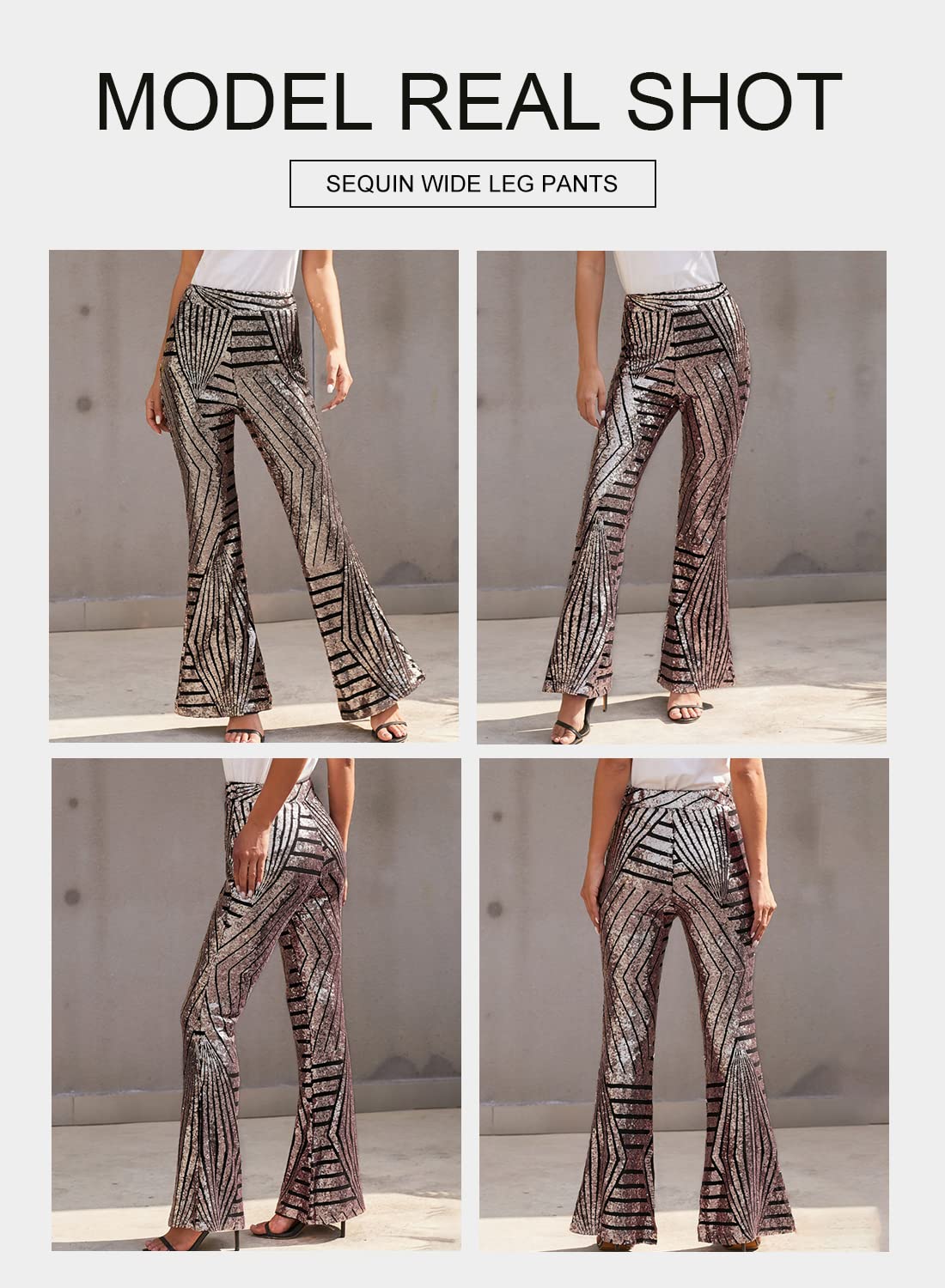 BLENCOT Bell Bottoms for Women High Waisted Wide Leg Palazzo Pants Bling Sequin Flared Trousers Brown XL