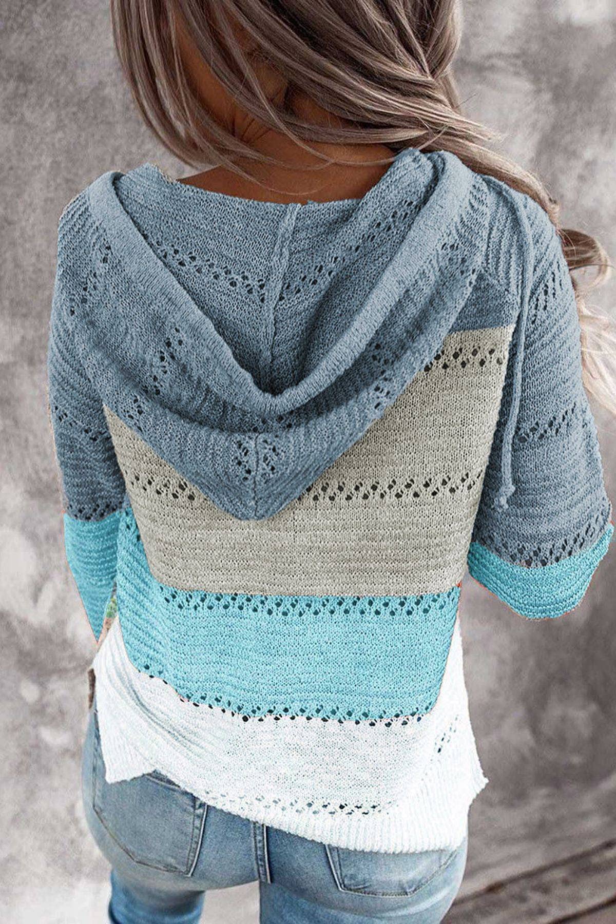 SMENG Womens Cardigan Knit Sweater Hoodies Striped Color Block Drawstring Sweatshirts V Neck Blue XL