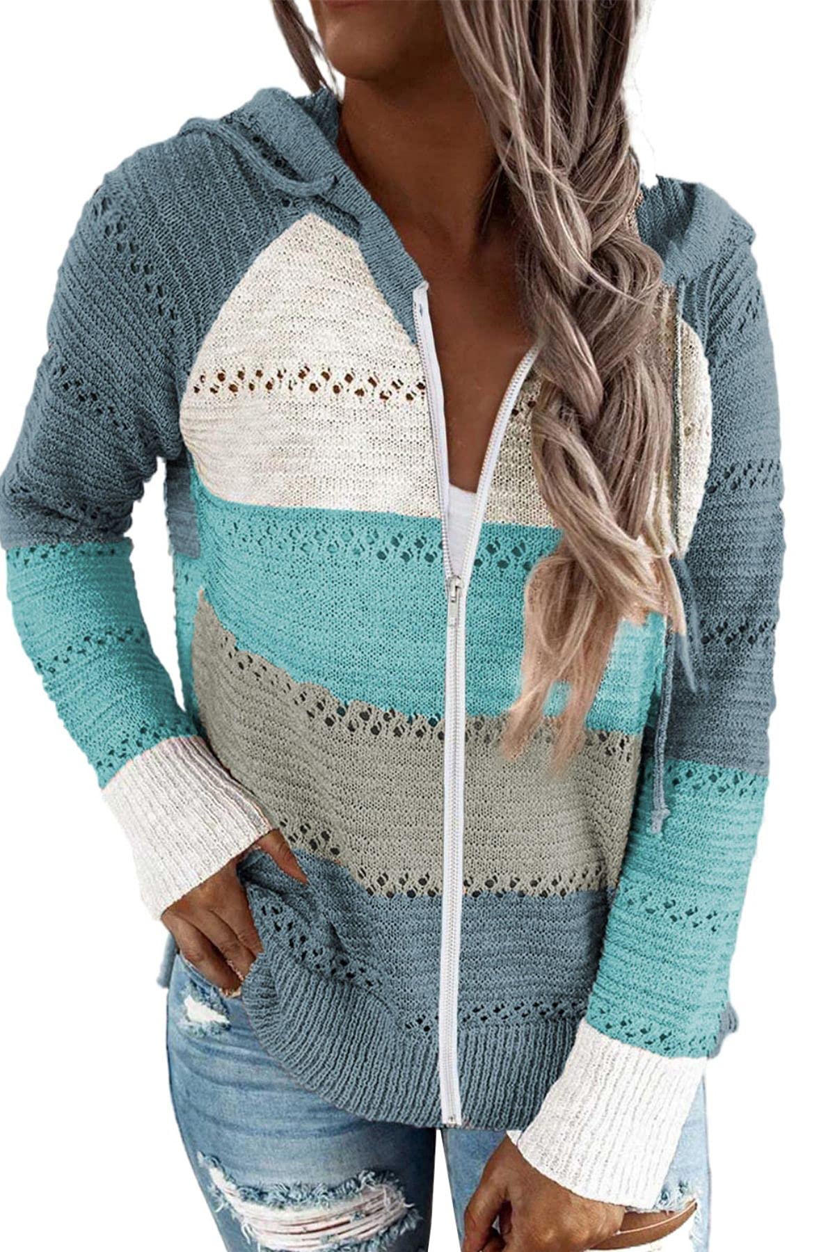 SMENG Womens Cardigan Knit Sweater Hoodies Striped Color Block Drawstring Sweatshirts V Neck Blue XL