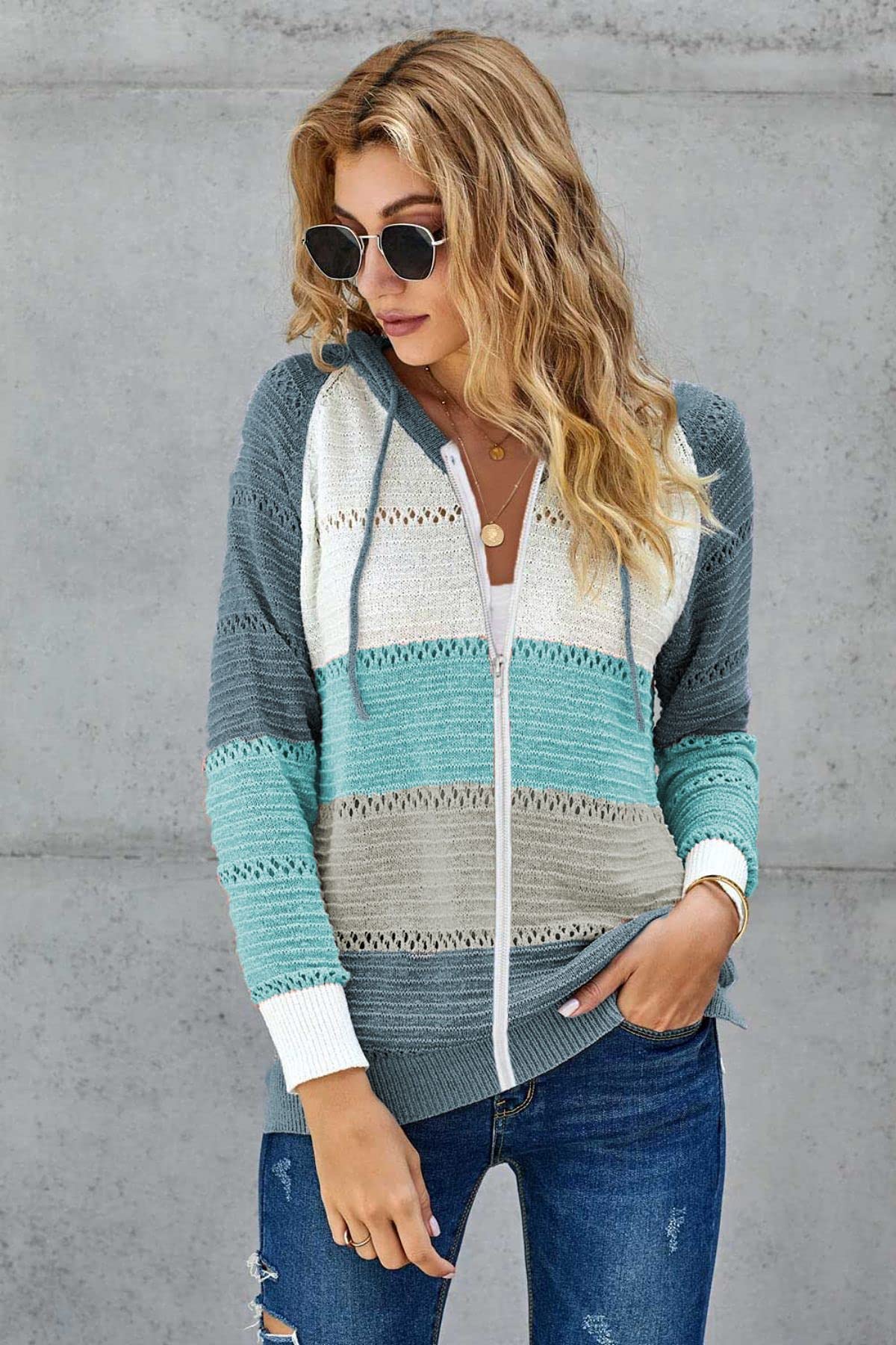 SMENG Womens Cardigan Knit Sweater Hoodies Striped Color Block Drawstring Sweatshirts V Neck Blue XL