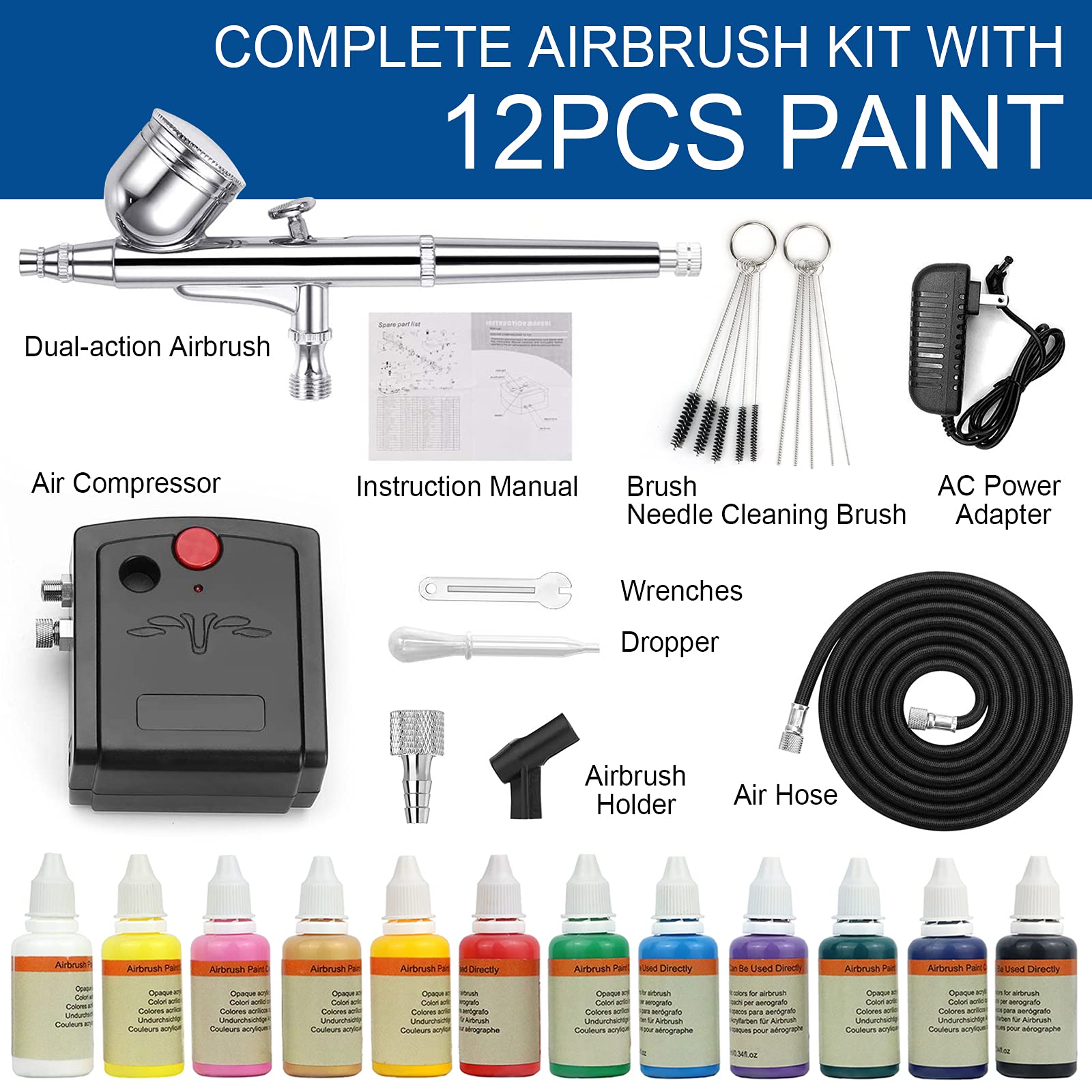 Spedertool Airbrush kit with Acrylic Paint,Complete Air Brush set with Professional 12Pcs x10ml Airbrush Color Set Acrylic Paint for Artists,Beginners,Students