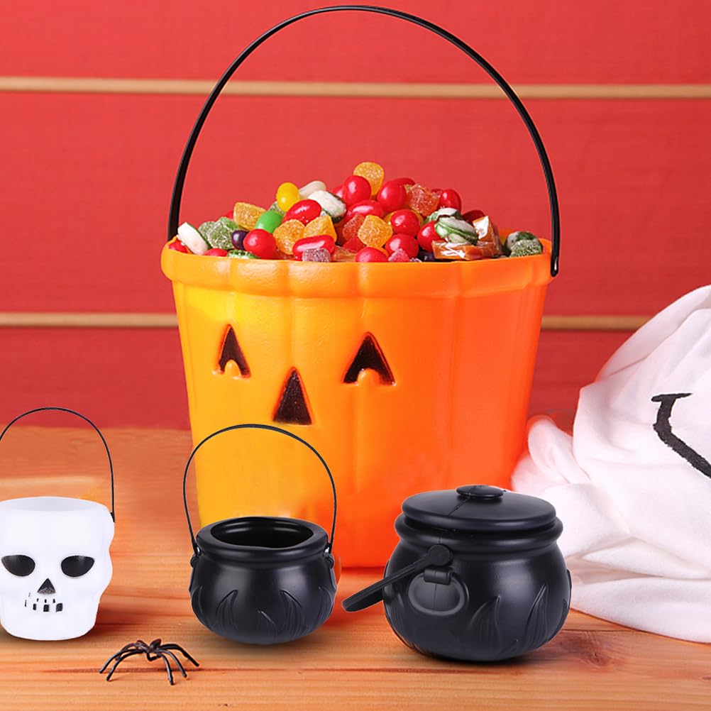 DOITOOL 4Pcs Halloween Witch Cauldron Handheld Plastic Flame Barrel Black Cauldron Halloween Candy Buckets Candy Holder Pot with Handle for Halloween Party Decorations (2 Big Size+ 2 Small Size)