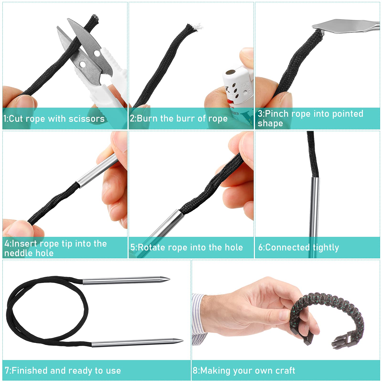14-Piece Paracord Tool Set - Stainless Steel Lacing Needles, Smoothing Tool, Knotter with Marlin Spike for Paracord Work & Leather Weaving (Black)