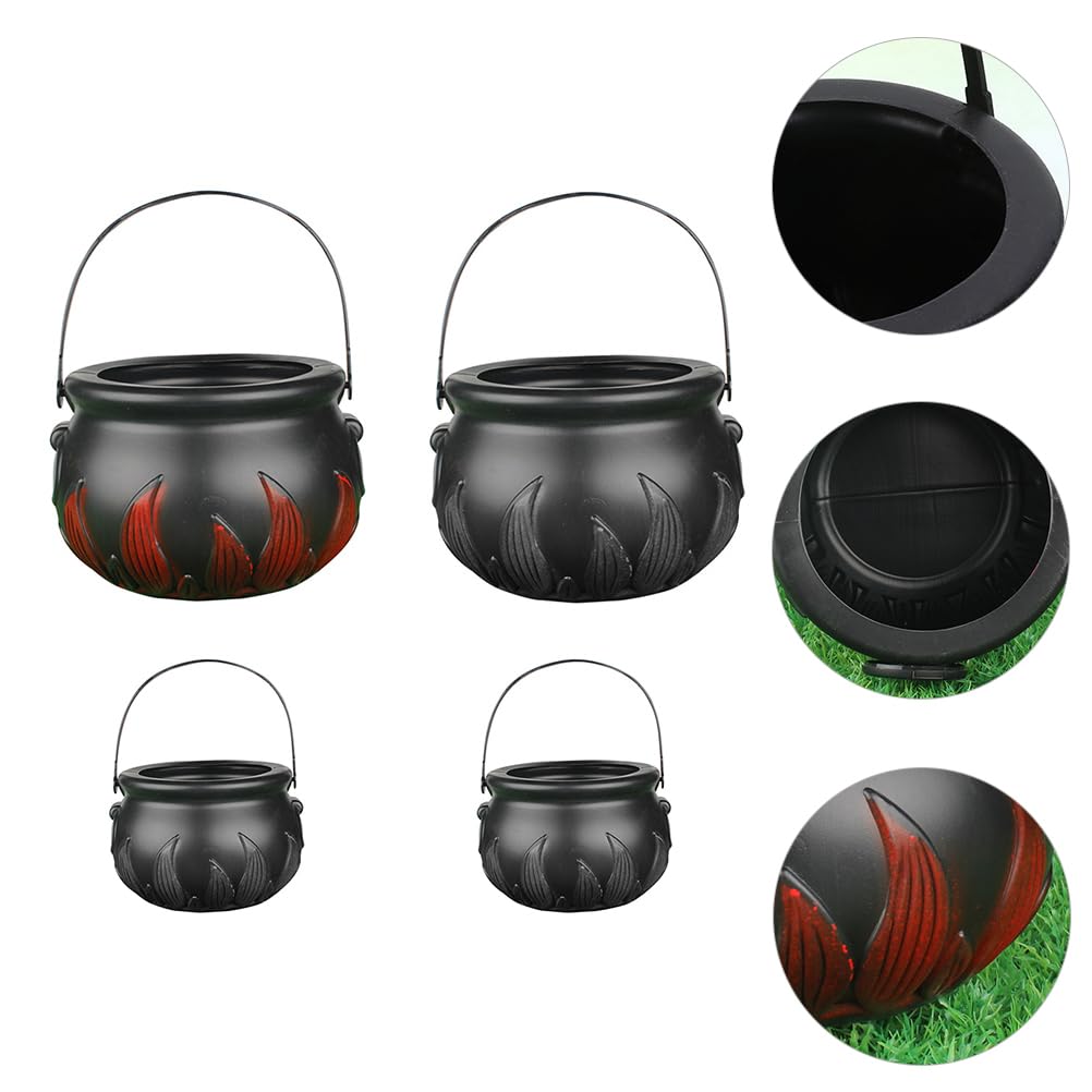 DOITOOL 4Pcs Halloween Witch Cauldron Handheld Plastic Flame Barrel Black Cauldron Halloween Candy Buckets Candy Holder Pot with Handle for Halloween Party Decorations (2 Big Size+ 2 Small Size)