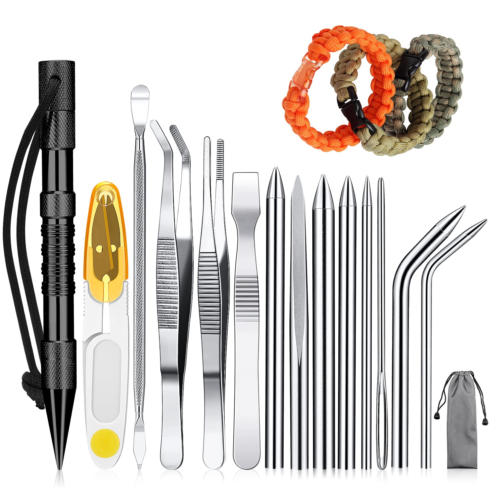 14-Piece Paracord Tool Set - Stainless Steel Lacing Needles, Smoothing Tool, Knotter with Marlin Spike for Paracord Work & Leather Weaving (Black)