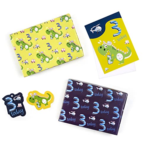 BIOBROWN Wrapping Paper Birthday Boy 3rd Including Greeting Card and Gift Tags for Birthday Wishes - 2 Fold Flat Sheets