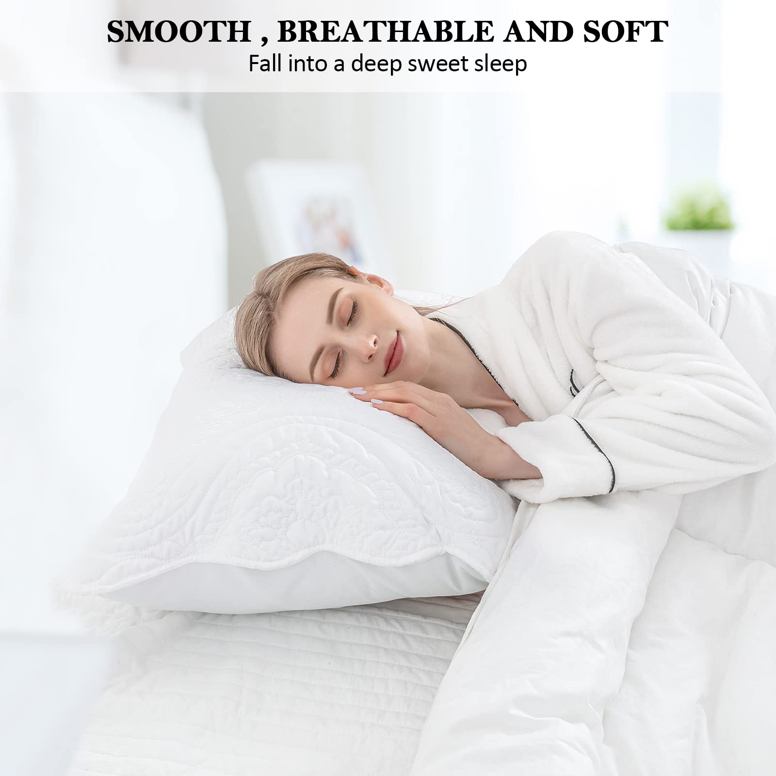 BOSOWOS Quilted Pillow Shams Set of 2, Decorative Microfiber Queen Bed Pillow Shams, Soft Breathable Pillow Covers with Envelope Closure (White, 2Pcs:20 x 30inch)
