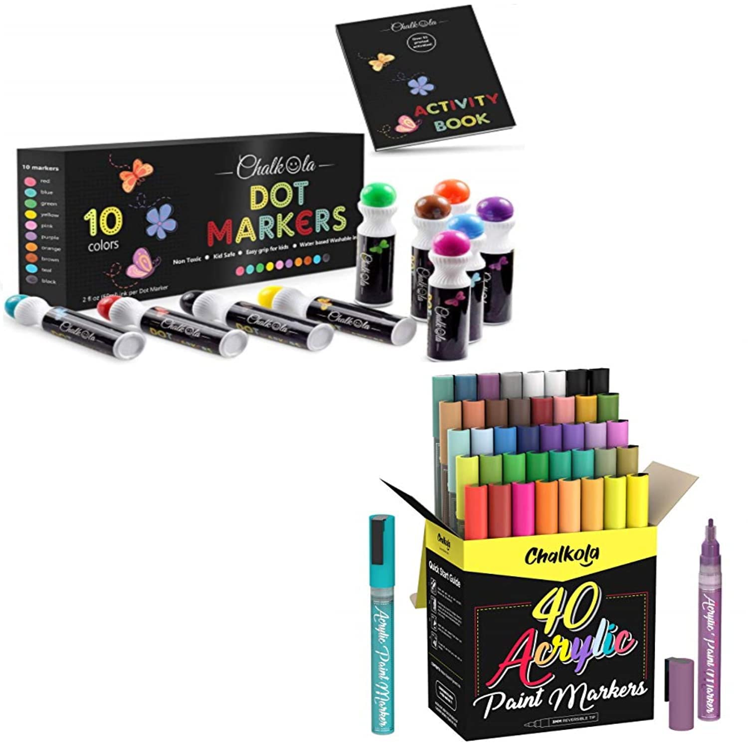 Chalkola Ultimate Bundle: 10 Dot Markers for kIds + 40 Acrylic Paint Markers (3mm)