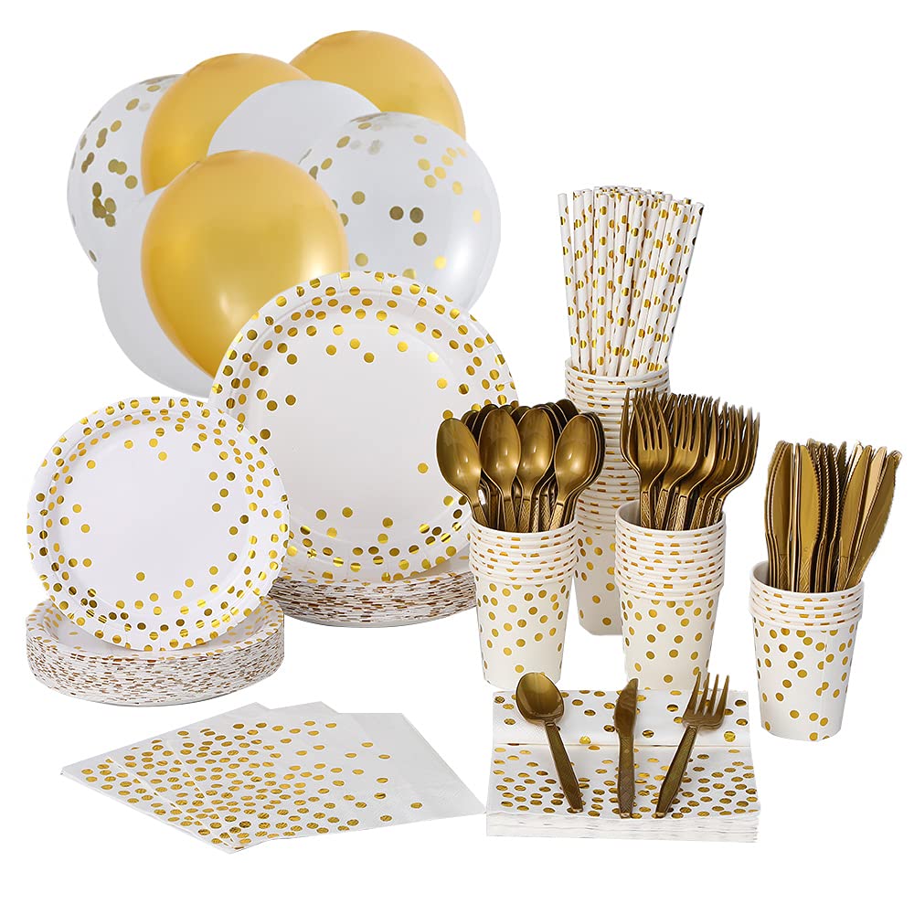 White and Gold Party Supplies Disposable Set 226 Pieces Serves 25 Guests Golden Dots Party Dinnerware, Paper Plates Napkins Cups, Gold Plastic Forks Knives Spoons Balloons for Wedding Birthday Party