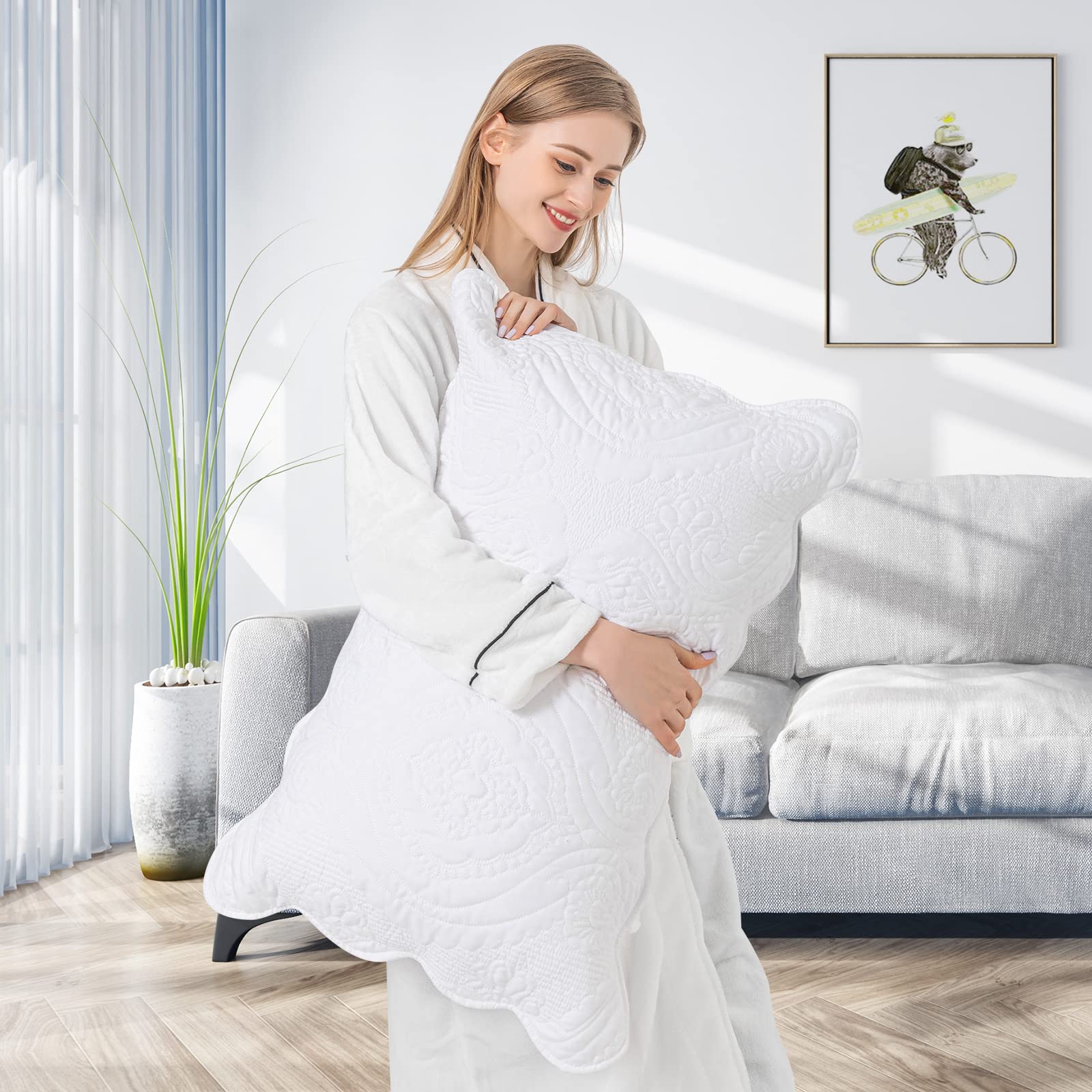 BOSOWOS Quilted Pillow Shams Set of 2, Decorative Microfiber Queen Bed Pillow Shams, Soft Breathable Pillow Covers with Envelope Closure (White, 2Pcs:20 x 30inch)