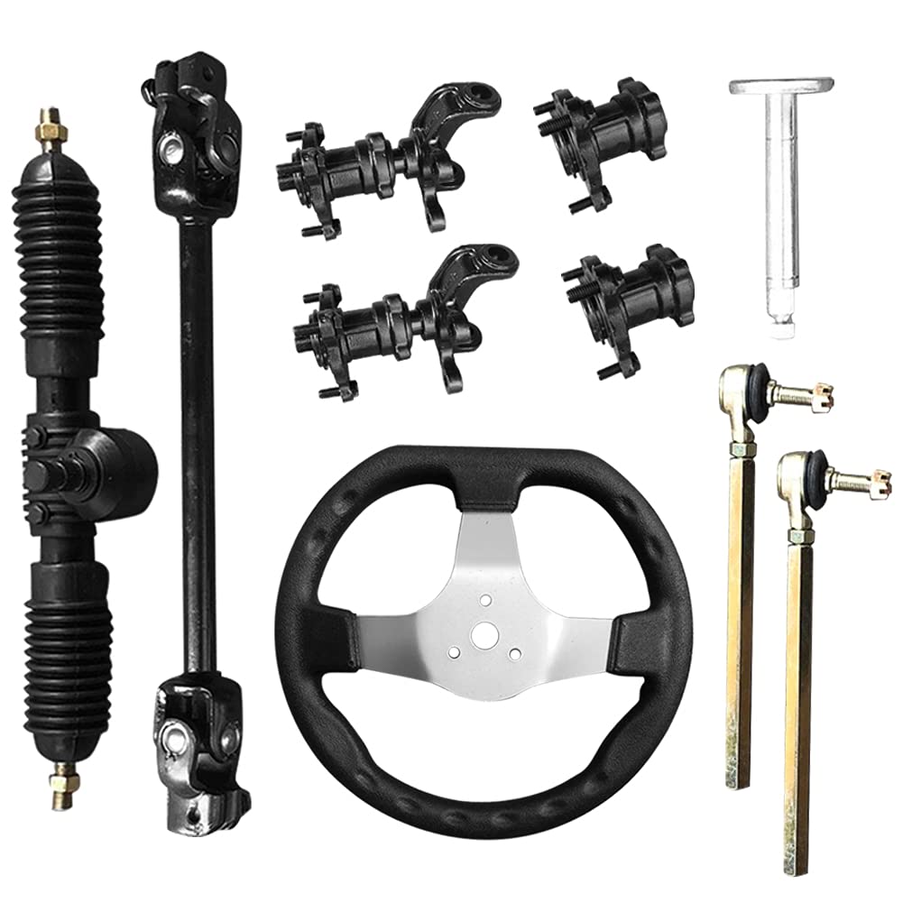 Togarhow 270mm Steering Wheel Assembly with Tie Rod Rack Adjustable Shaft and Front Wheel Hubs with Steering Knuckle Kit Full Steel Off-Road Gear Rack Fit for 110cc 125cc Go Kart Bike(10.6")