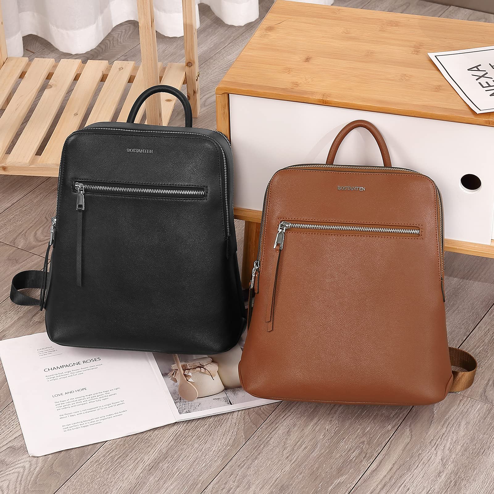 BOSTANTEN Leather Backpack Purse for Women Work Travel Backpack Stylish Ladies Shoulder Bags