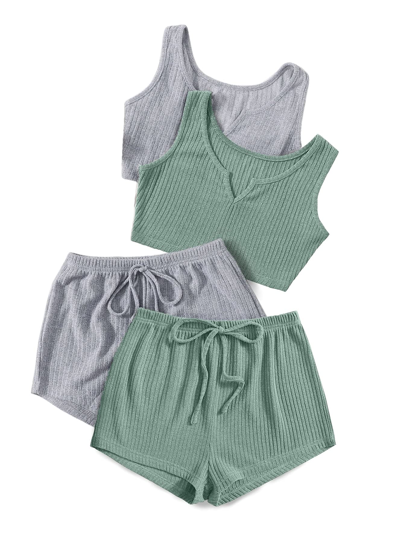 Milumia Women's 4 Pieces Ribbed Knit Crop Tank Top and Drawstring Waist Shorts Pajama Set Loungewear Grey and Green Large
