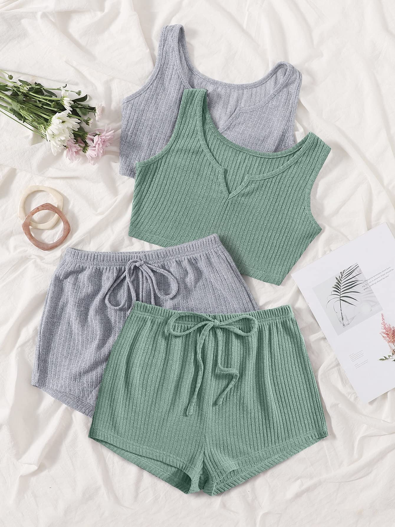 Milumia Women's 4 Pieces Ribbed Knit Crop Tank Top and Drawstring Waist Shorts Pajama Set Loungewear Grey and Green Large