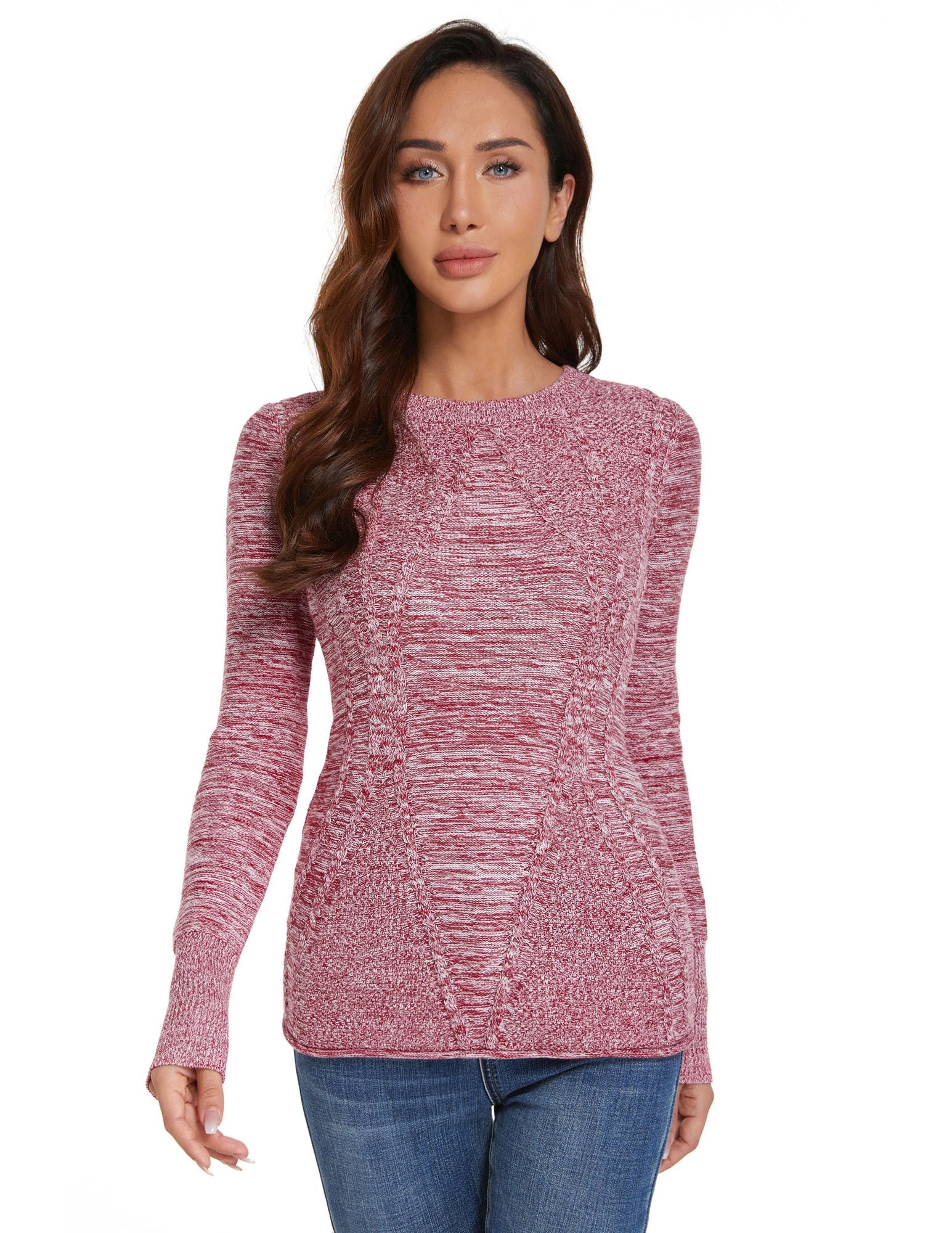 AmélieBoutik Women Cotton Blend Crewneck Long Sleeve Cable Knit Pullover Sweater (Red Large)