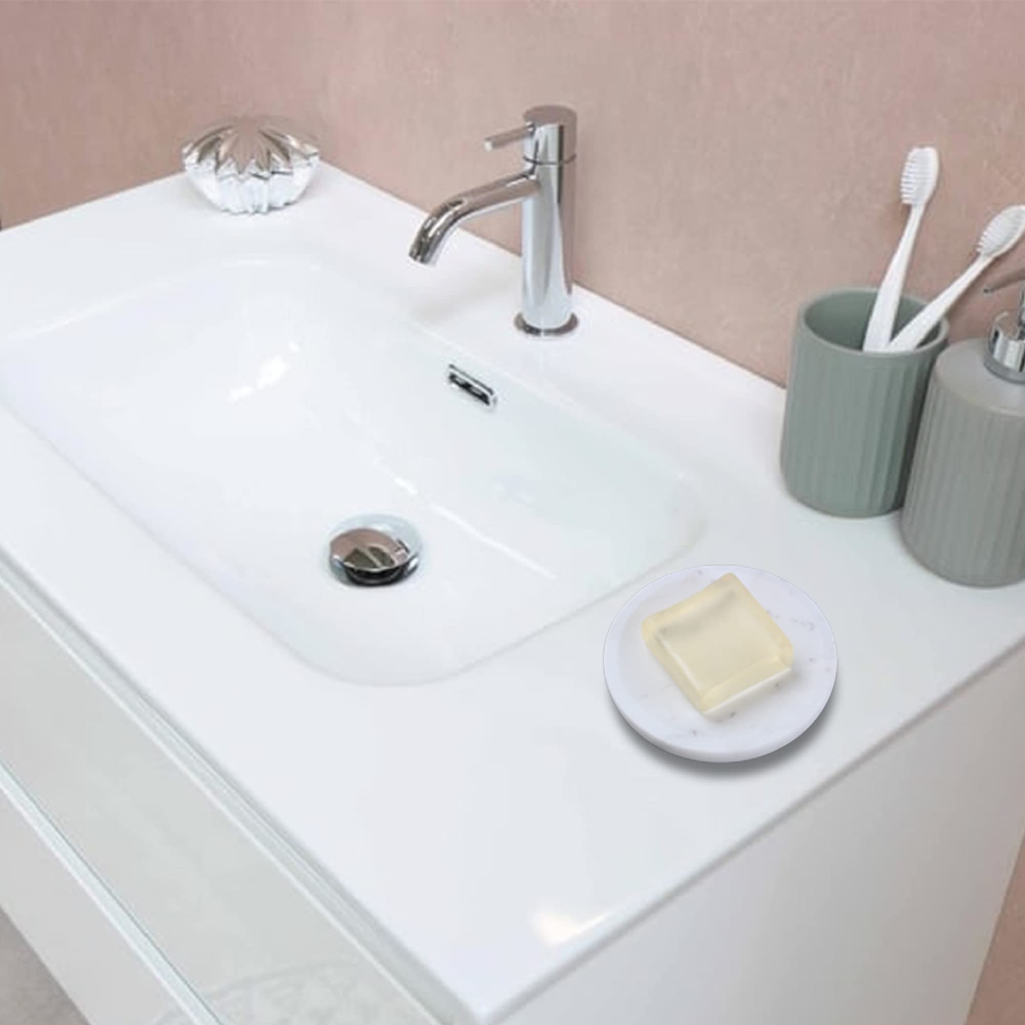 WORHE Marble Soap Dish Italy Natural Stone Sponge Holder for Bathroom Tub Shower Kitchen Sink, Handcraft Round Soap Case Organizer Trinket Plate Jewelry Tray Coaster for Home Decor White (DL008)