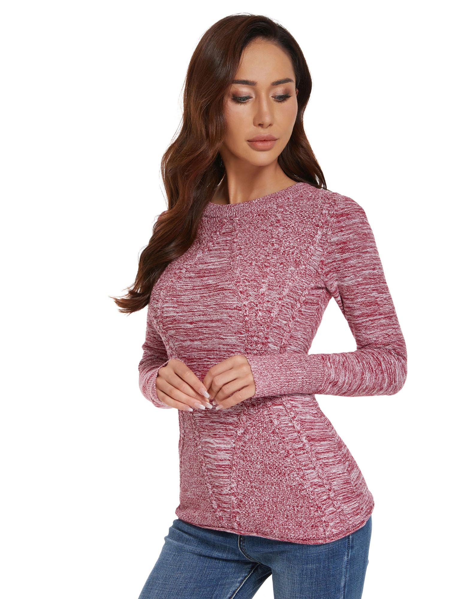 AmélieBoutik Women Cotton Blend Crewneck Long Sleeve Cable Knit Pullover Sweater (Red Large)