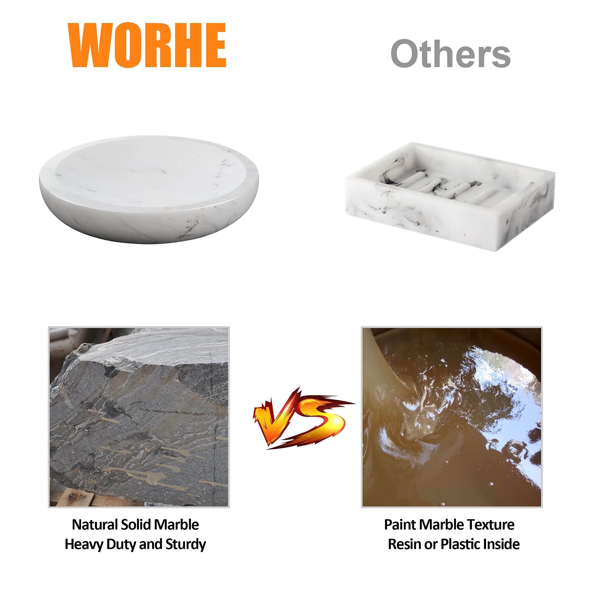 WORHE Marble Soap Dish Italy Natural Stone Sponge Holder for Bathroom Tub Shower Kitchen Sink, Handcraft Round Soap Case Organizer Trinket Plate Jewelry Tray Coaster for Home Decor White (DL008)